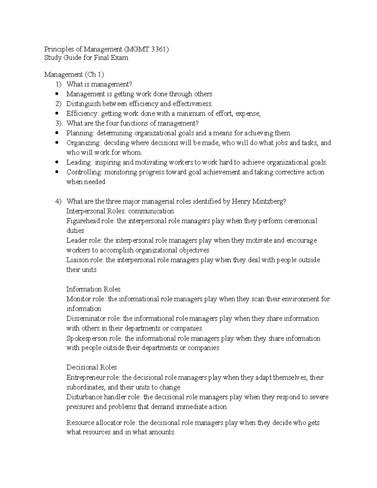 MGMT 3361 Final Exam Study Guide: Principles of Management Overview ...