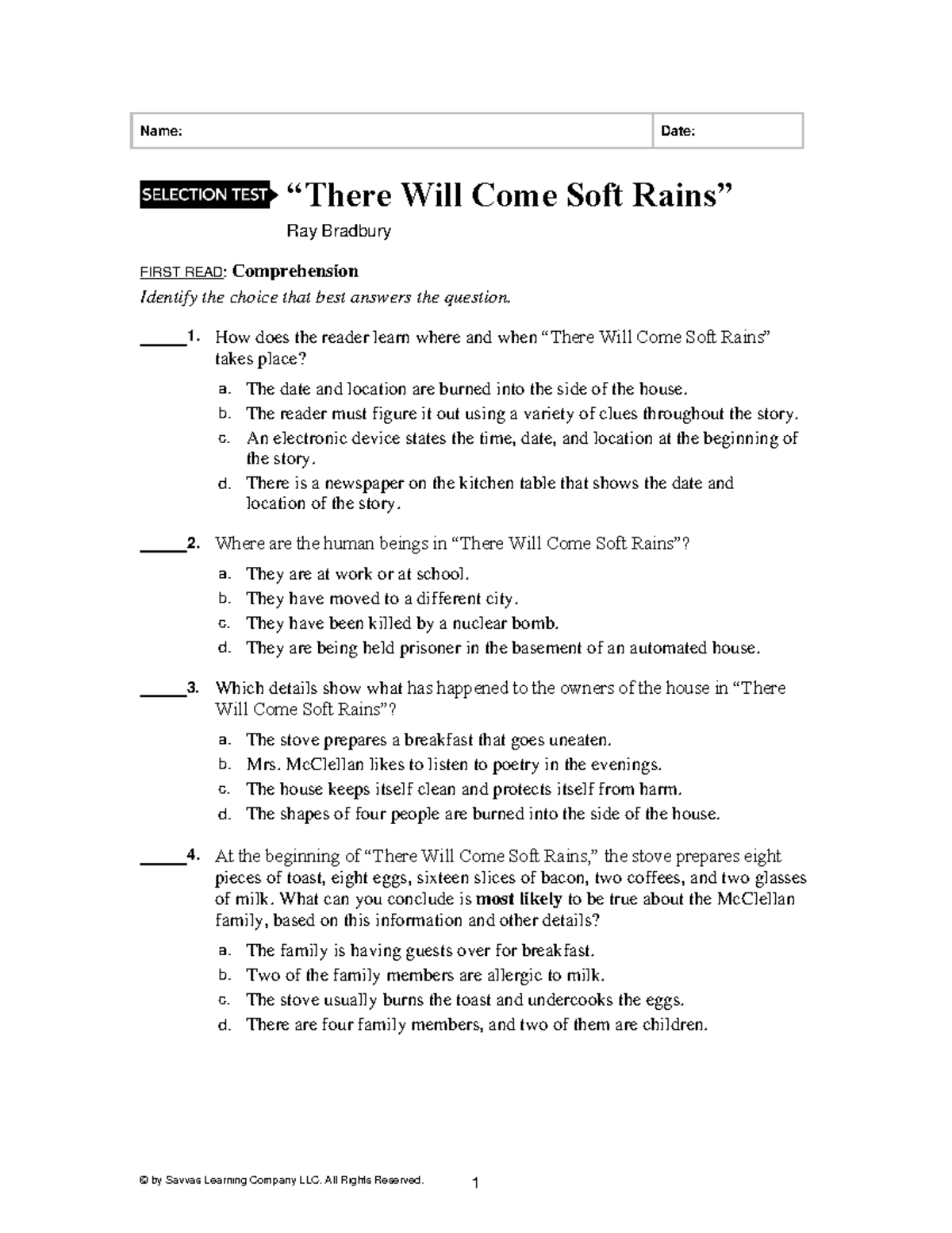 GRADE 9 UNIT 6 SELECTION TEST: "There Will Come Soft Rains" by Ray ...