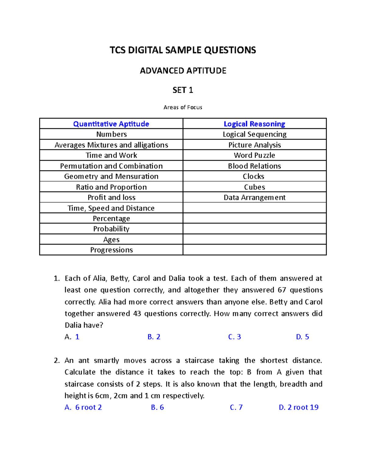 TCS Digital - SET 1 - Tcs 1 - TCS DIGITAL SAMPLE QUESTIONS ADVANCED APTITUDE SET 1 Areas of ...