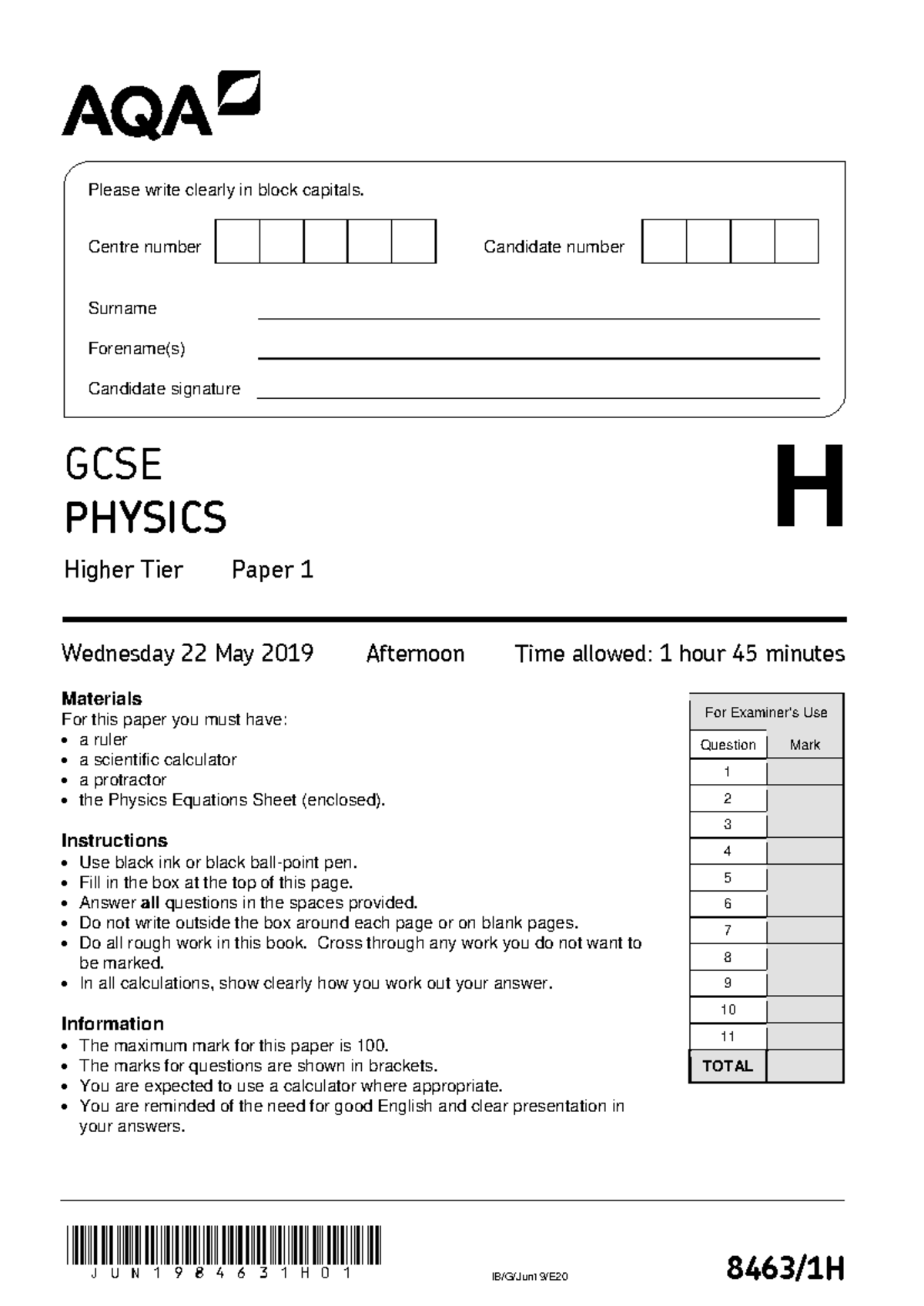GCSE PHYSICS Higher Tier H Paper 1 Exam - May 2019 - Studocu