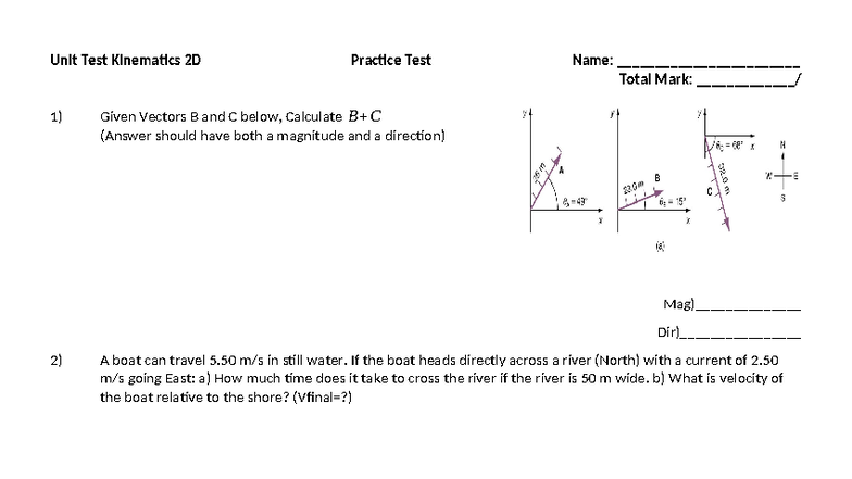 Unit Test PHYS101: 2D Kinematics Practice Questions - Studocu