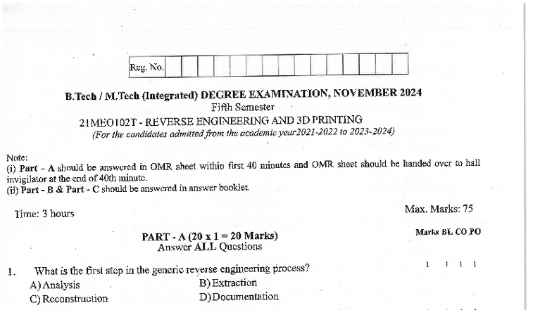 21MEO102T - Reverse Engineering and 3D Printing Exam Paper, Nov 2024 ...