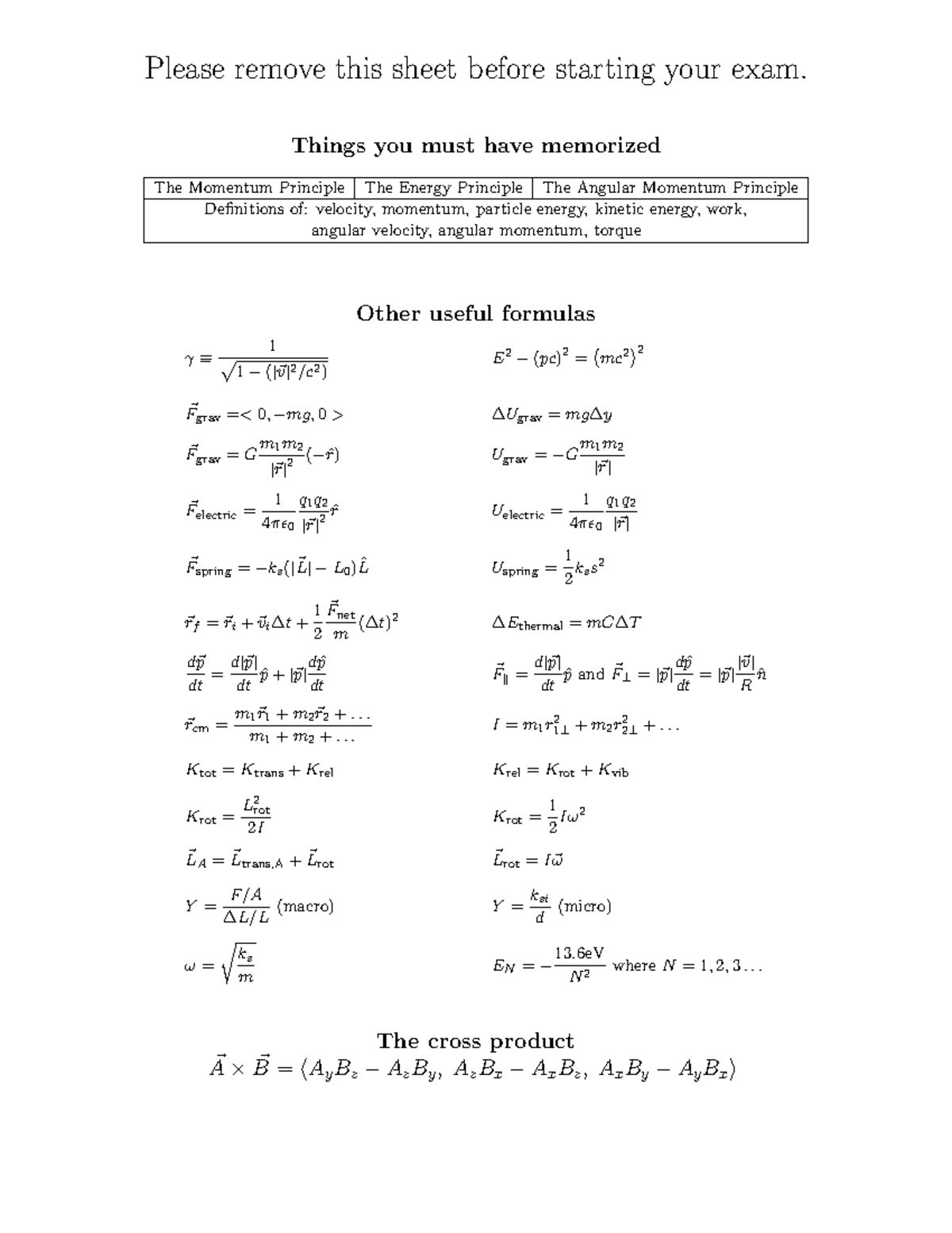 2211 Exam Formula Sheet: Momentum, Energy, and Angular Principles - Studocu