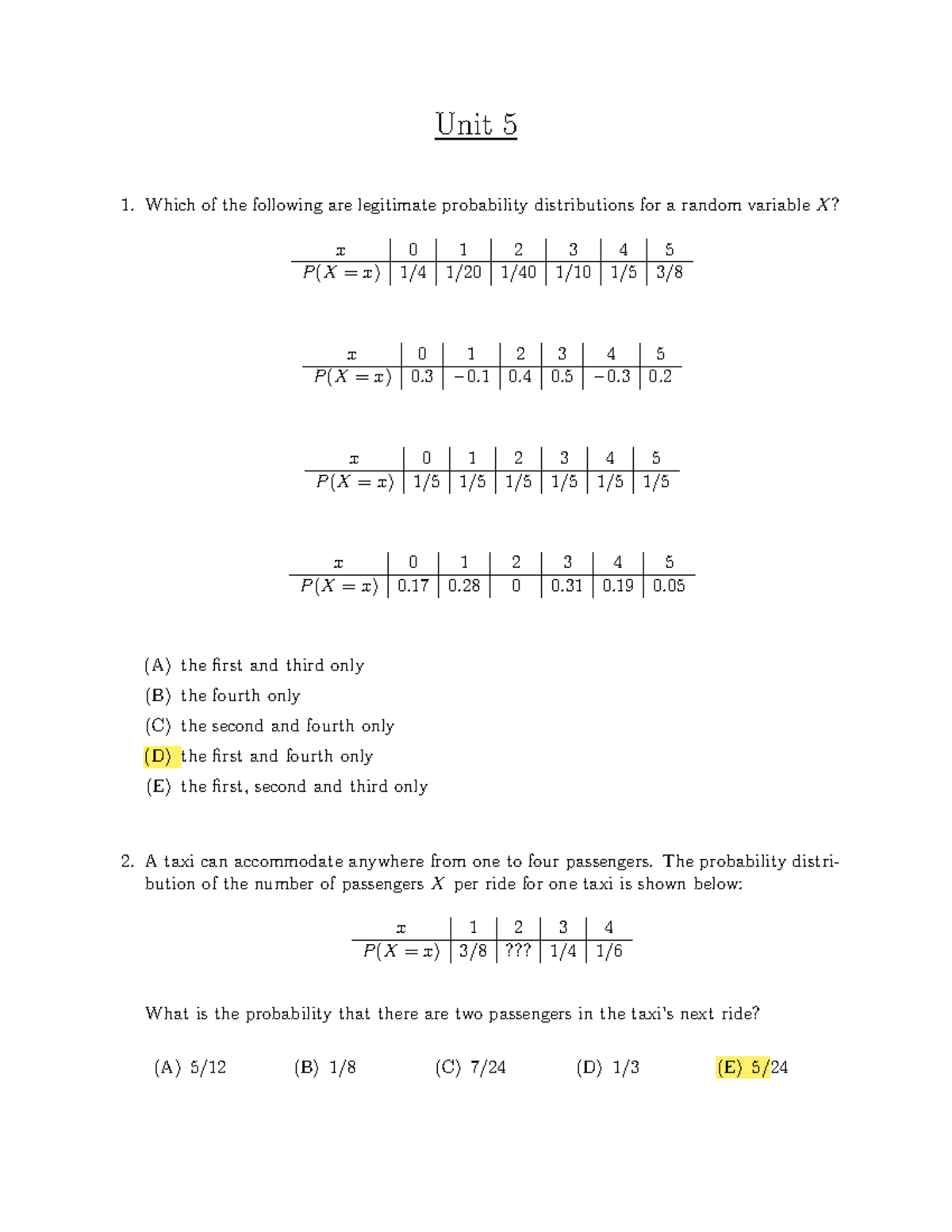 Unit 5 Multiple Choice Questions on Probability Distributions - Studocu