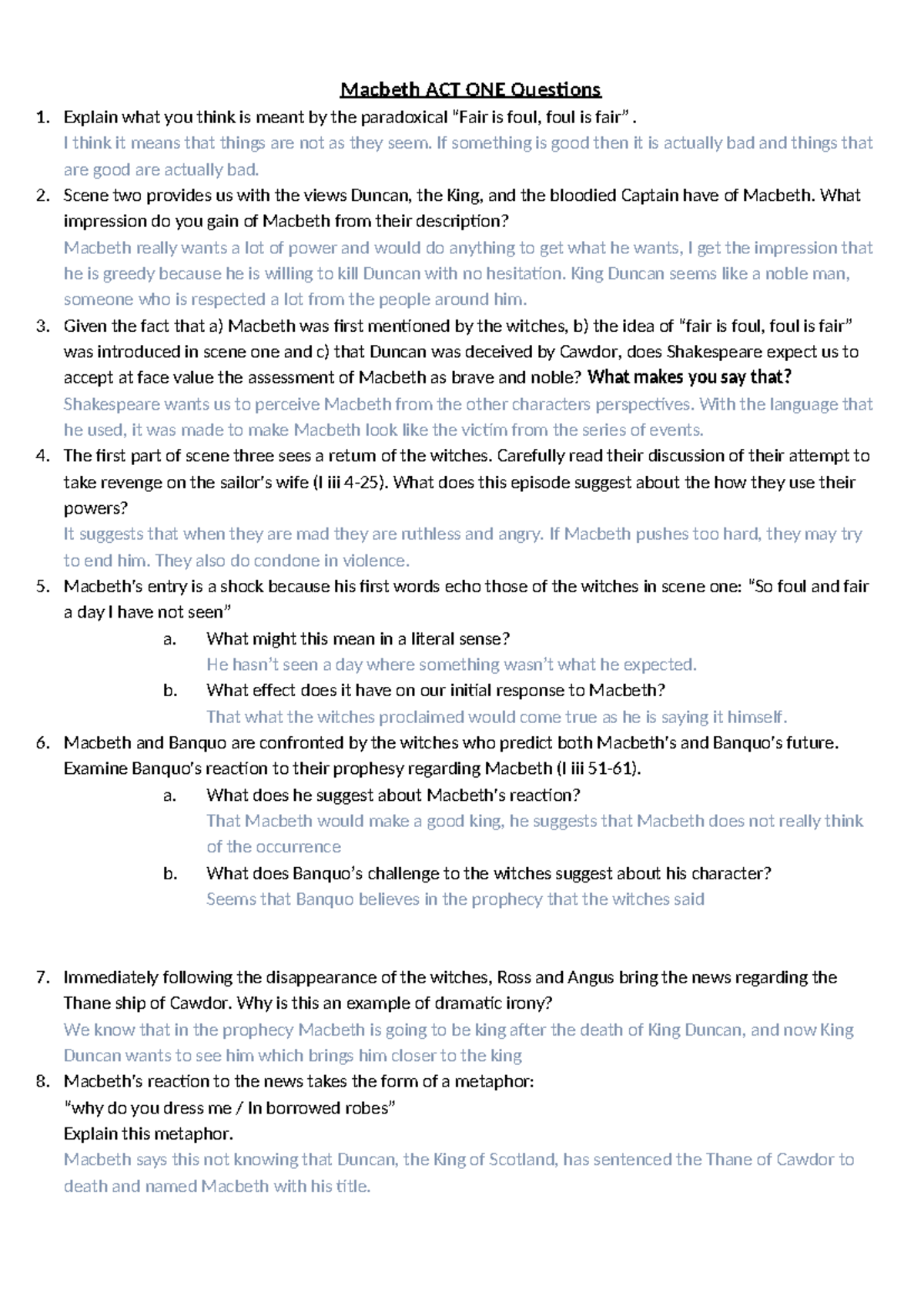 Macbeth ACT 1 & 2: Key Questions and Analysis - Studocu