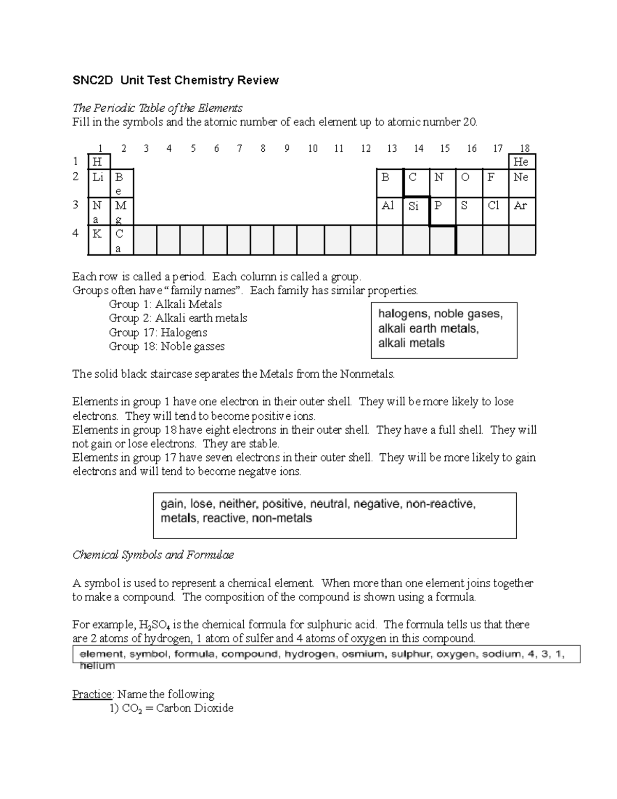 Chemistry Unit Review Grade 10 - SNC2D Unit Test Chemistry Review The ...