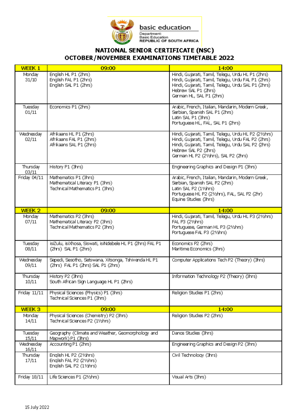 2022 Nov NSC timetable - Final examination for n6 - 15 July 2022 ...