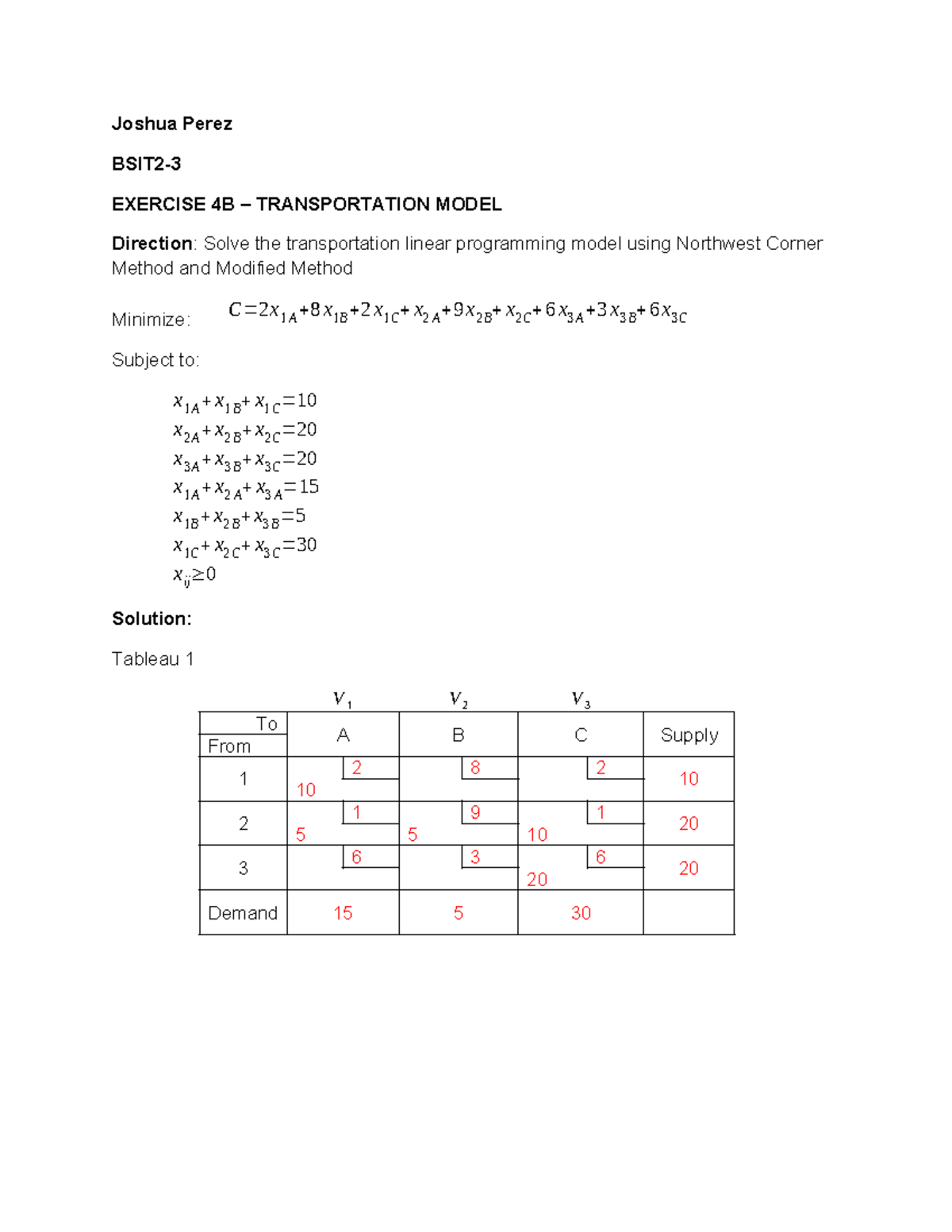 MS102 - Exercise 4B: Transportation Model Solutions - Studocu