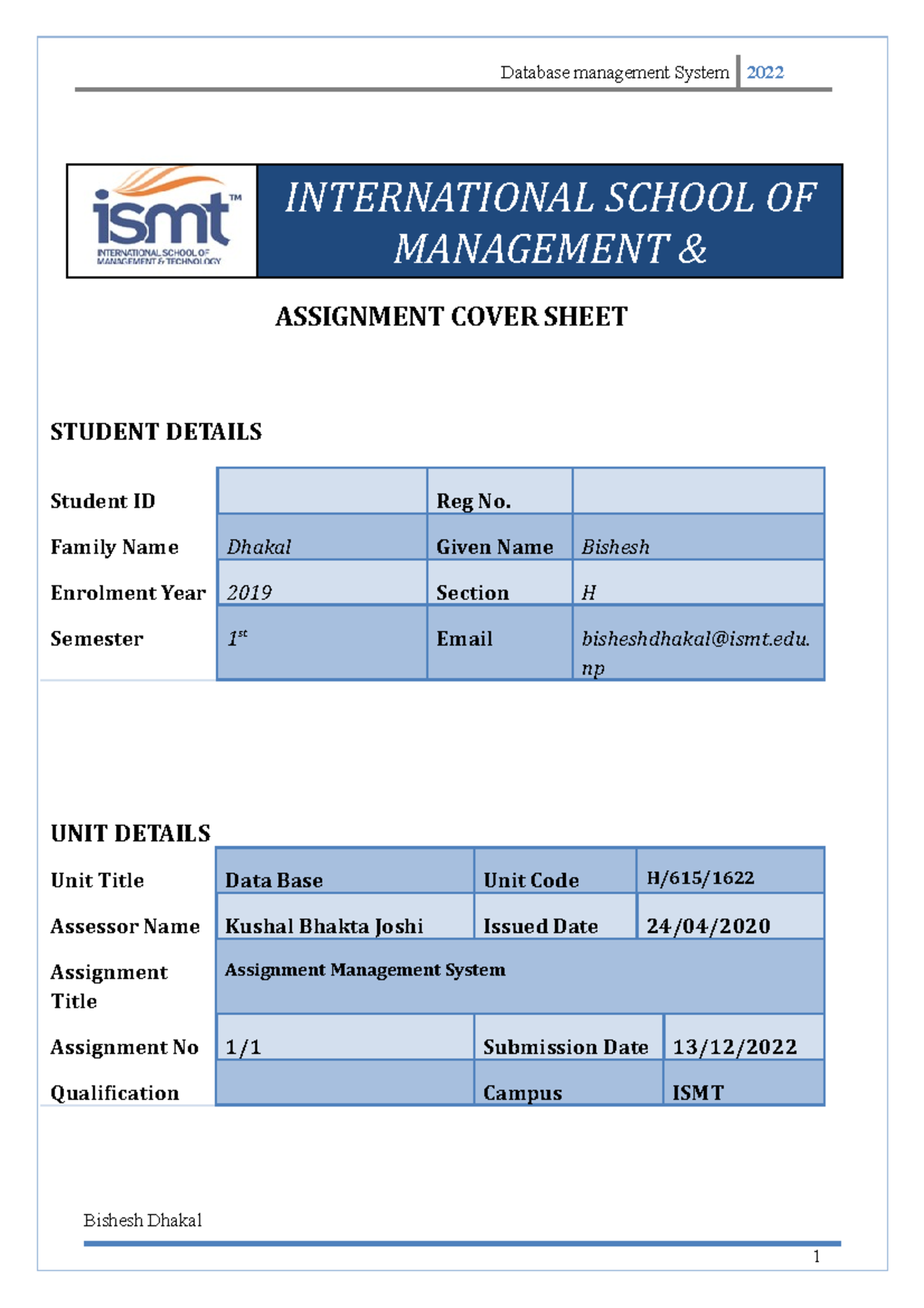 Assignment Management System for Database Management H/615/ - Studocu
