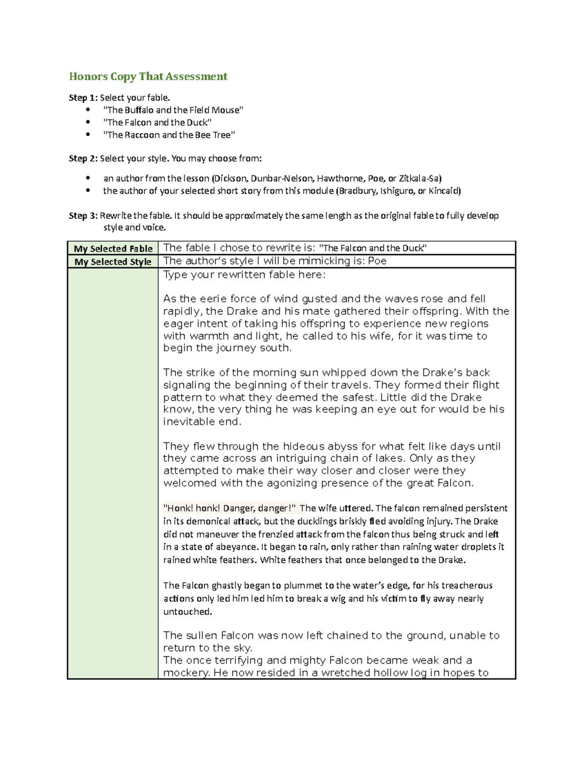 Honors Fable Rewrite Assessment Rubric: "The Falcon and the Duck" - Studocu