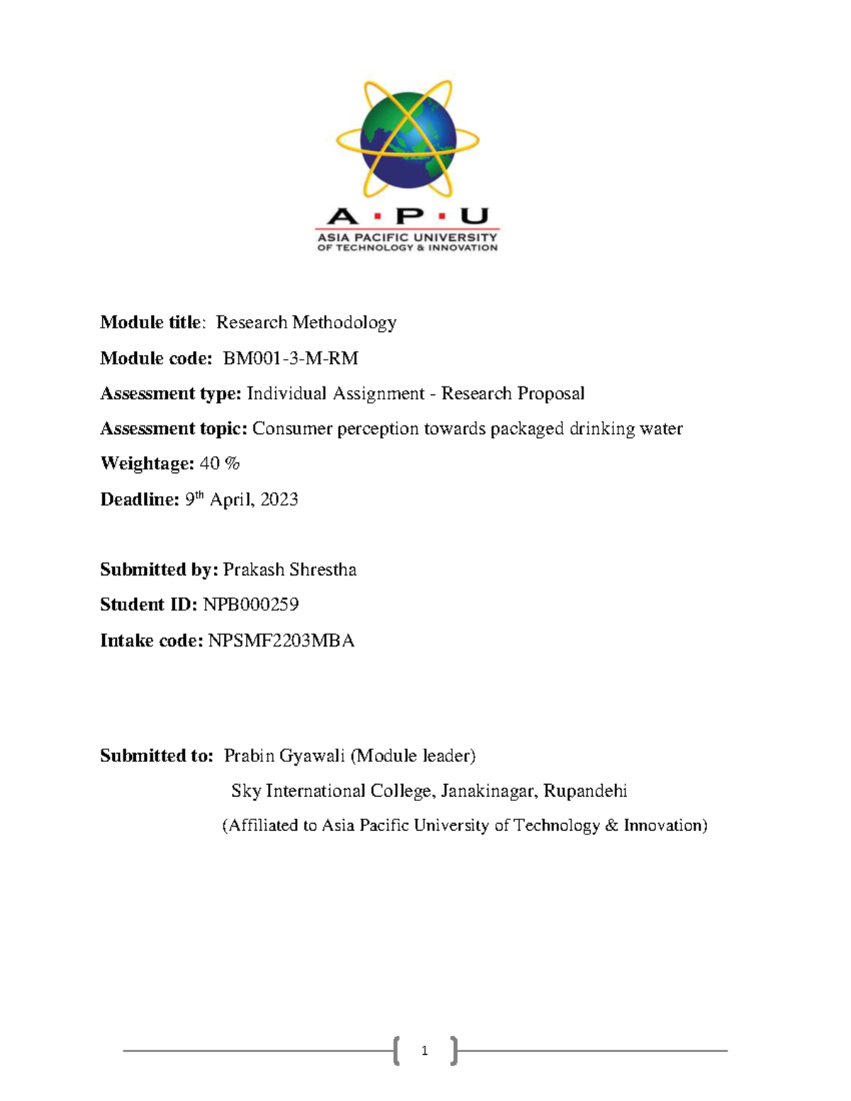 RM - Research Proposal on Consumer Perception of Packaged Water - Studocu