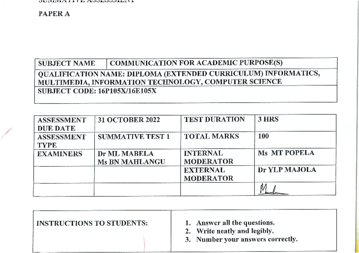 Communication Final Exam Past Paper - Diploma in Informatics 2022 - Studocu
