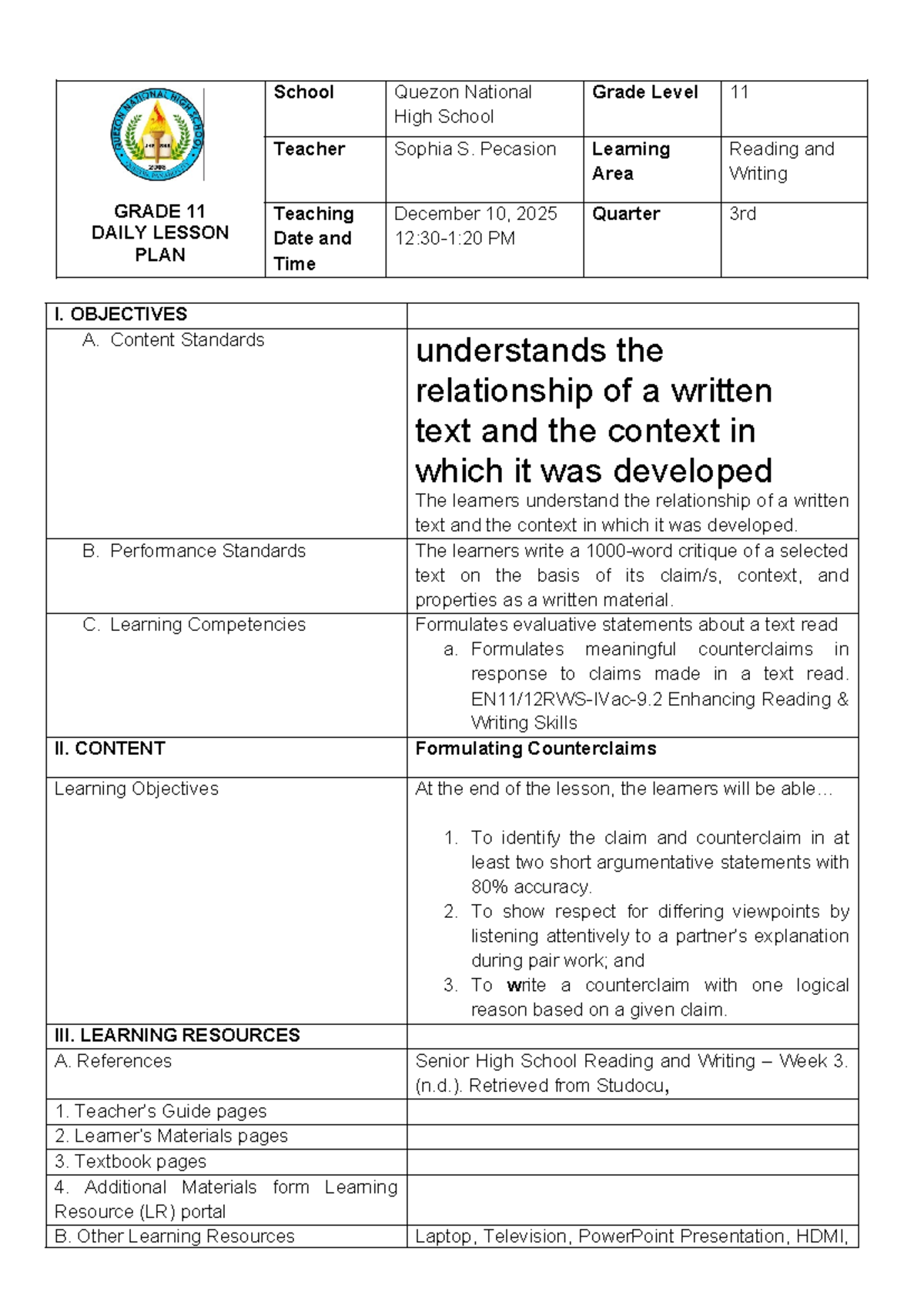 GRADE 11 READING & WRITING LESSON PLAN: COUNTERCLAIMS (Q3) - Studocu