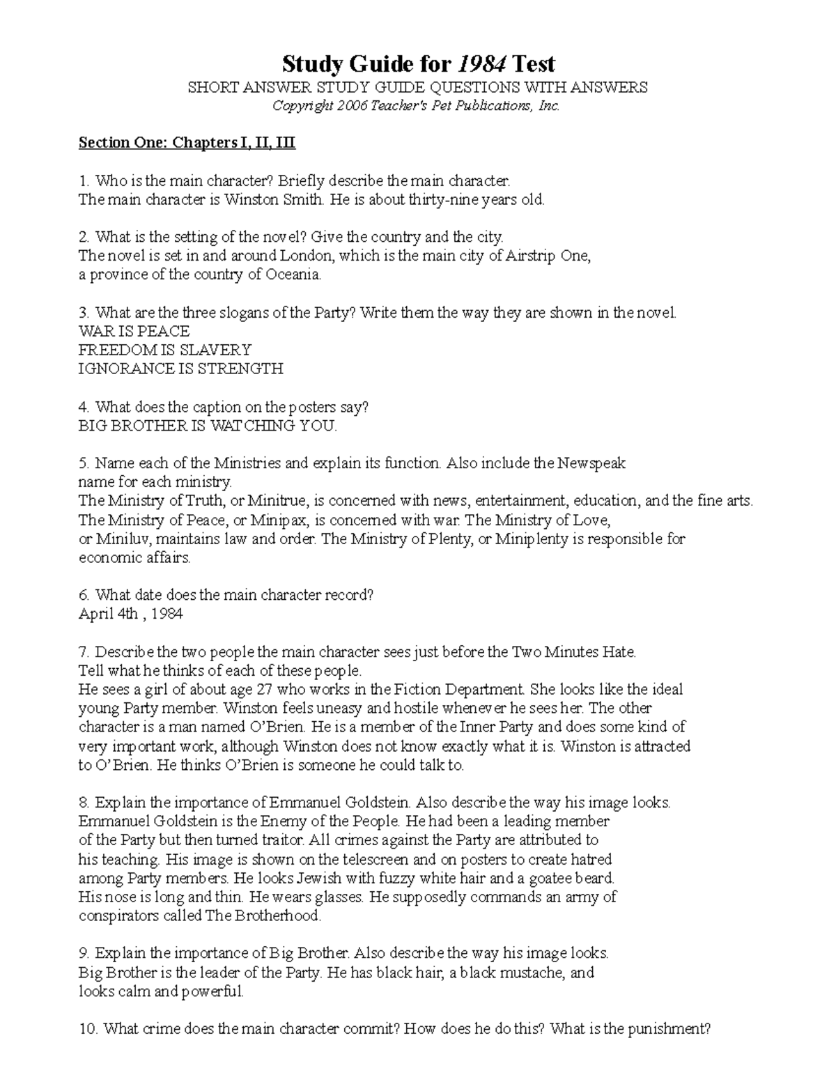 1984Study Guide - Study Guide for 1984 Test SHORT ANSWER STUDY GUIDE ...