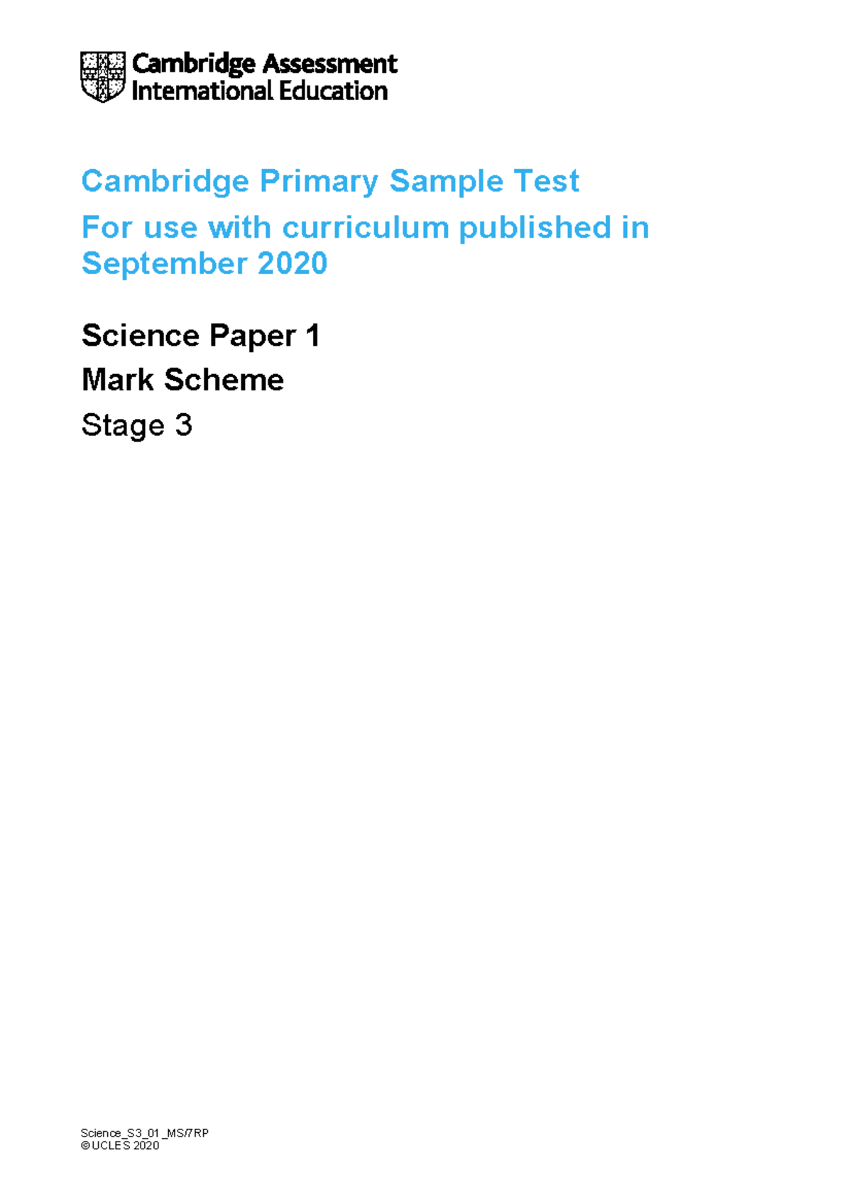 Science Stage 3 Paper 1 Mark Scheme (UCLES 2020) - Studocu