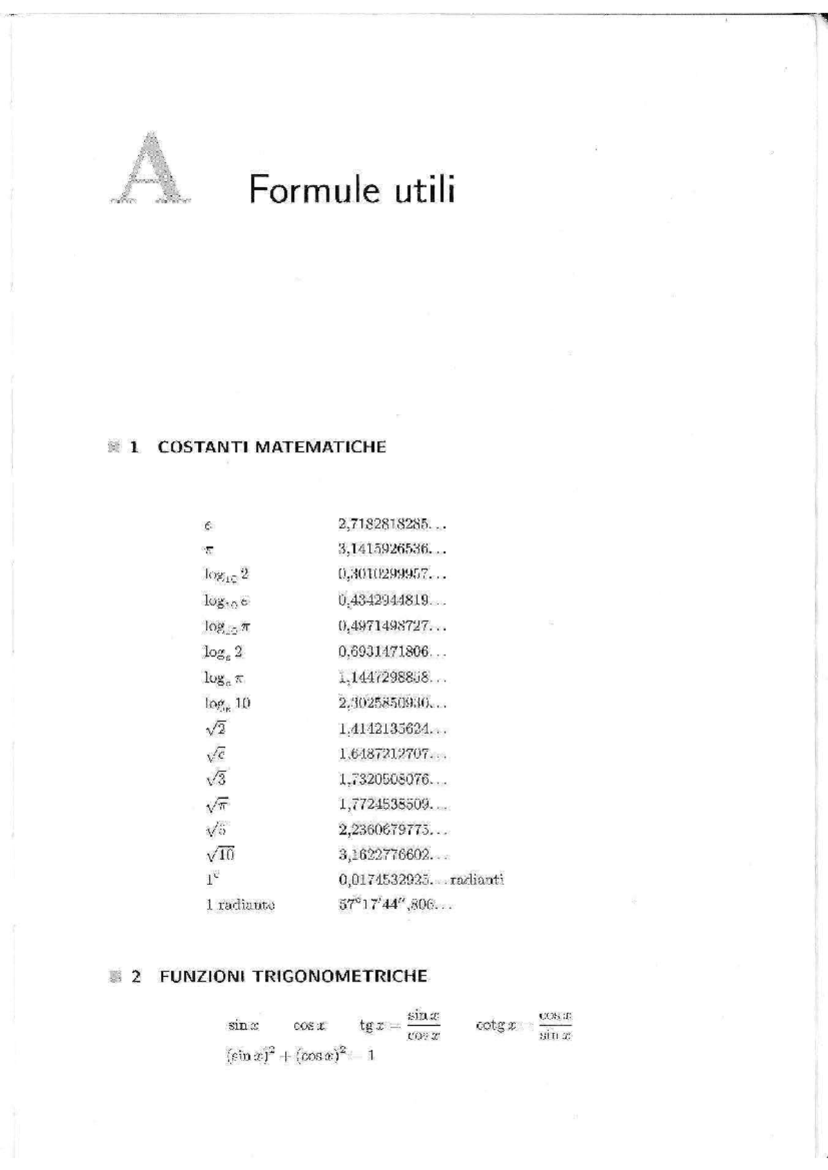 Formule Utili e Grafici per Costanti Matematiche e Derivate - Studocu