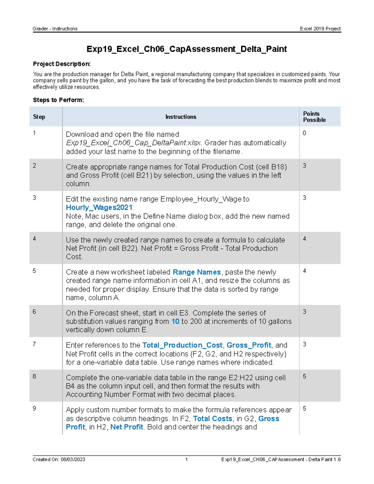 Exp19 Excel Ch06 Cap Assessment Delta Paint Instructions - Grader - Instructions Excel 2019 ...