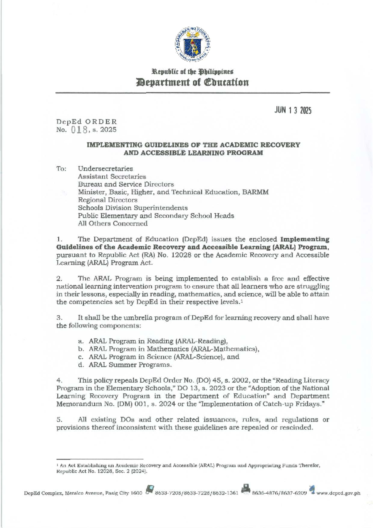 DO 018, S. 2025: Implementing Guidelines for the ARAL Program - Studocu