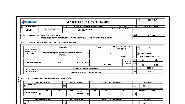 Formulario 4949 - Solicitud de Devolución SUNAT - Studocu