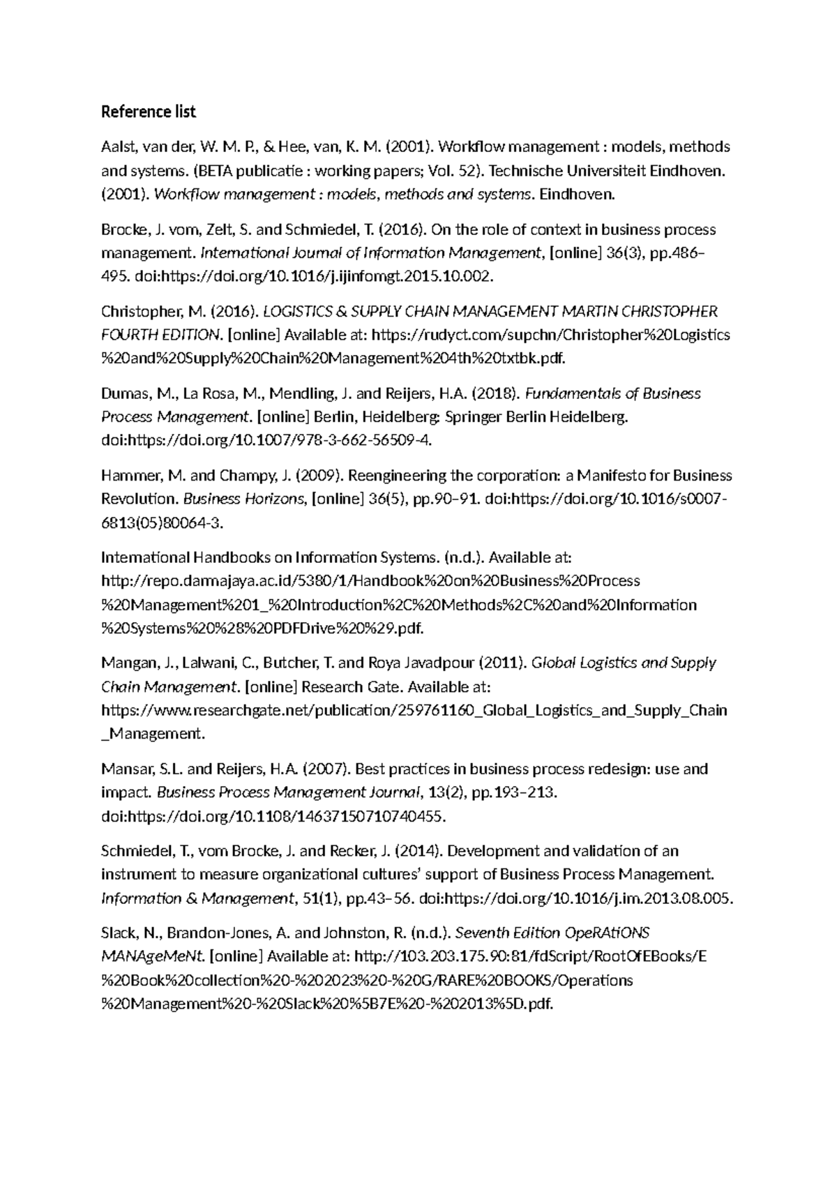 Reference List for BPM Studies: Key Sources and Insights - Studocu