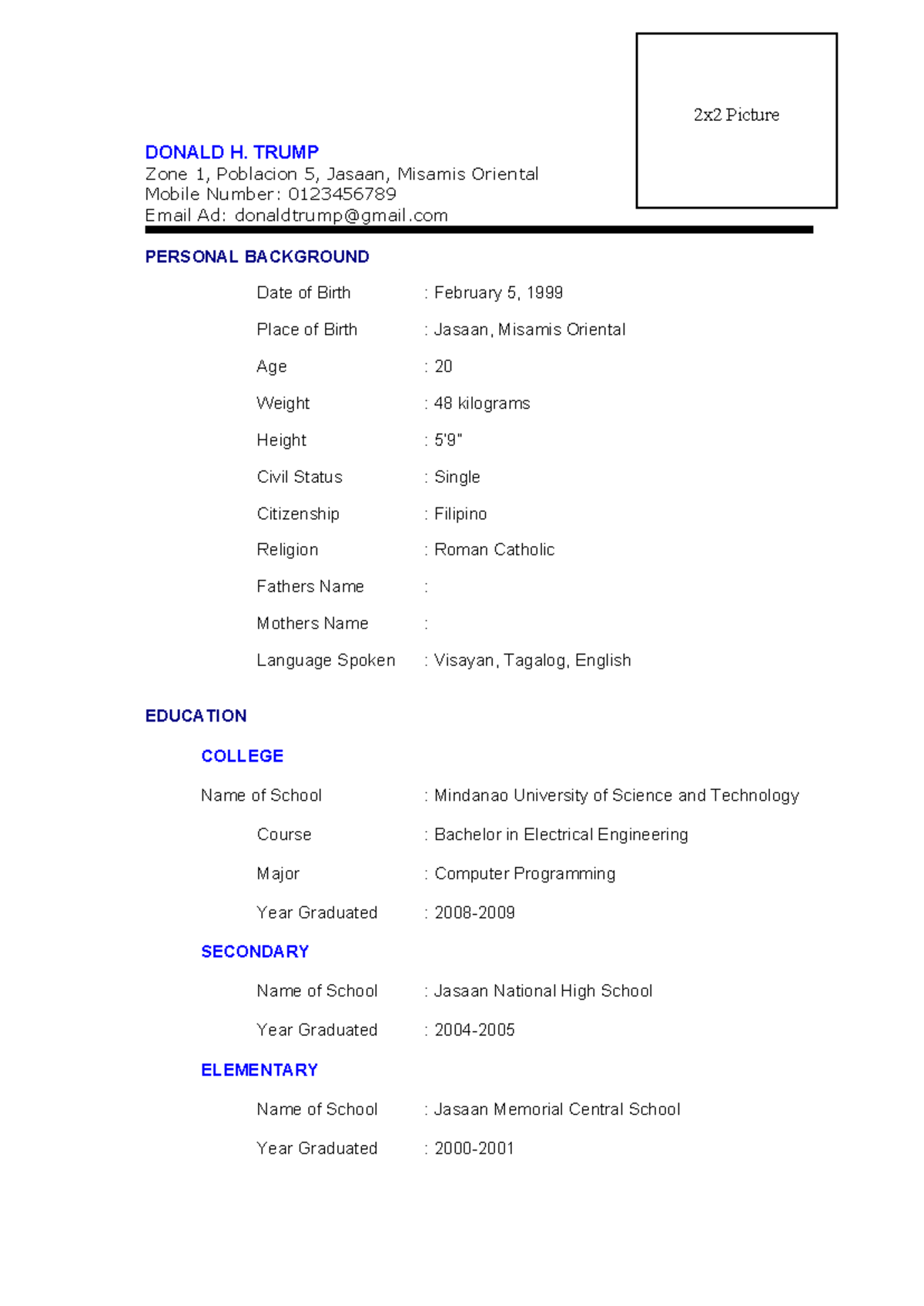Sample Resume - uhmm idk whats the description - DONALD H. TRUMP Zone 1 ...