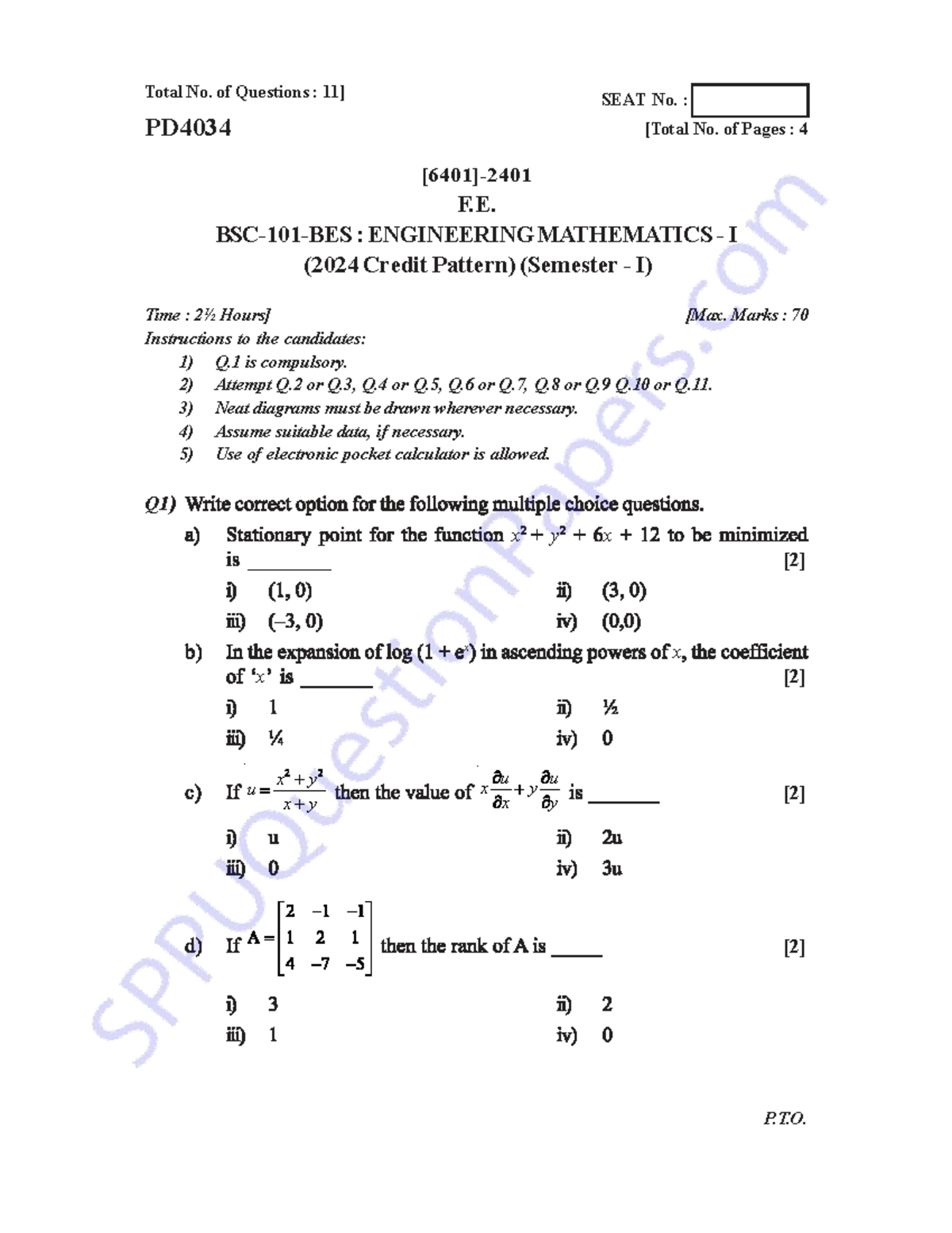 PD4034 Engineering Mathematics I (2024 Pattern) Exam Paper - Studocu