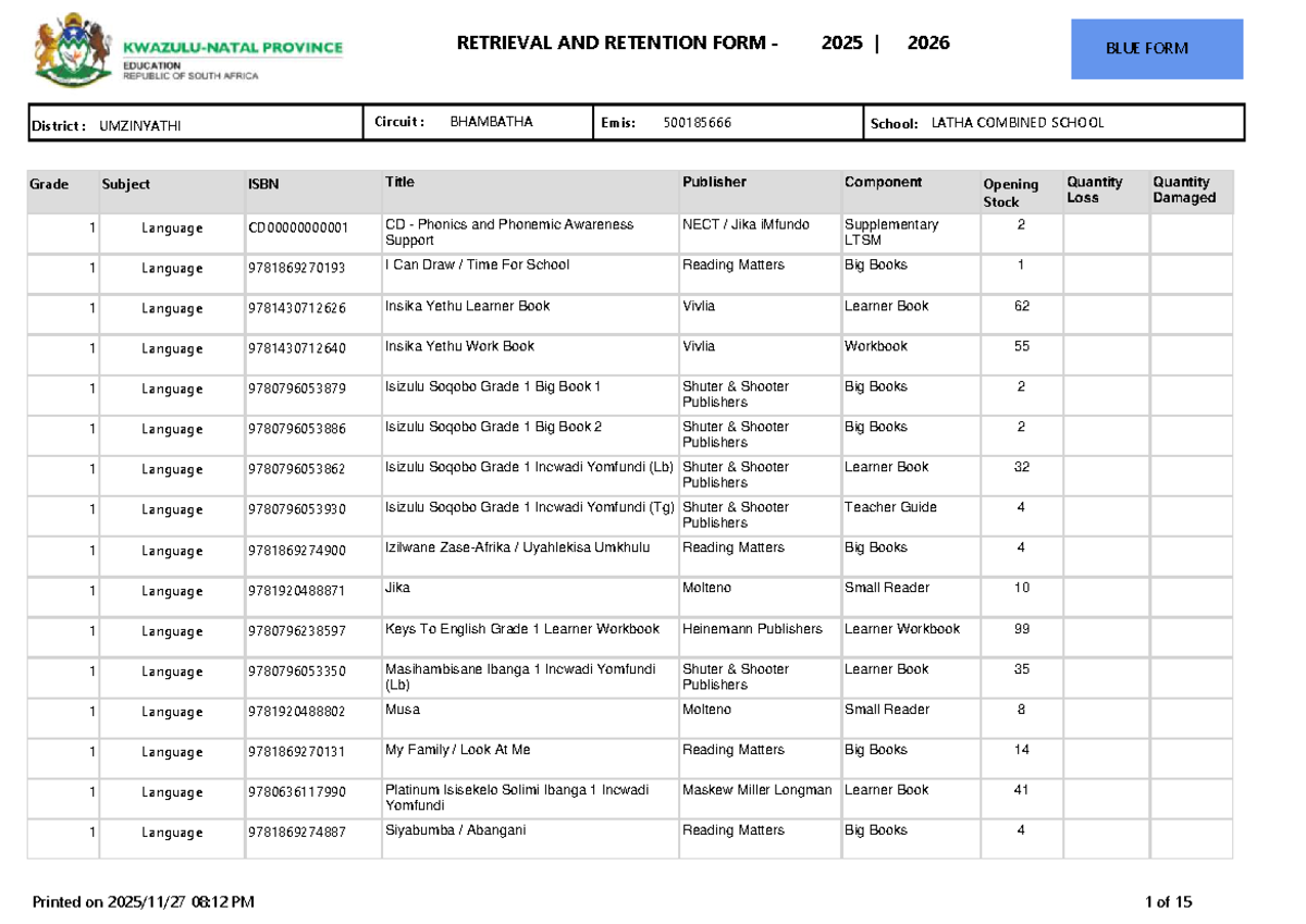 Retrieval & Retention Form for UMZINYATHI District Schools 2025-2026 ...