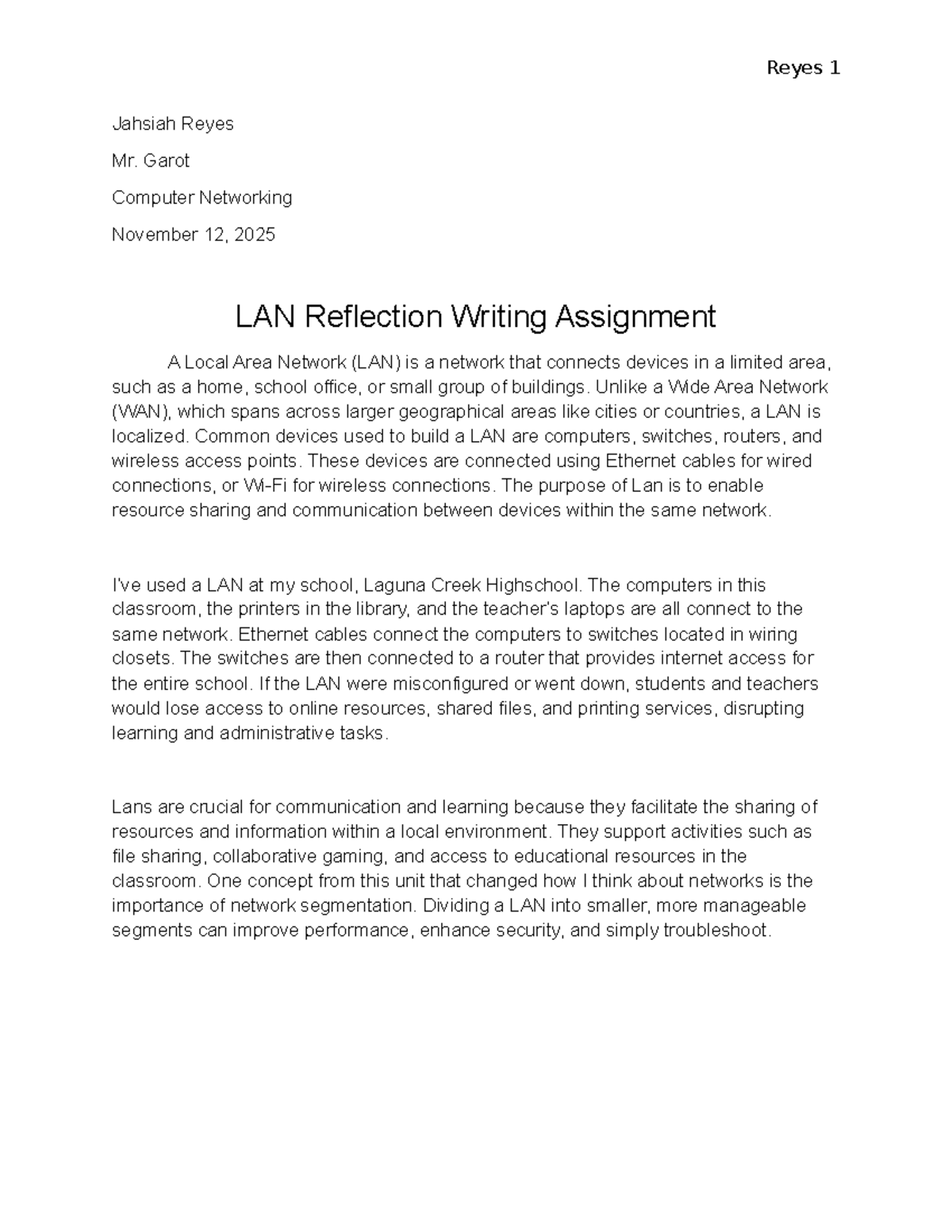 LAN Reflection Writing Assignment - Computer Networking - Studocu