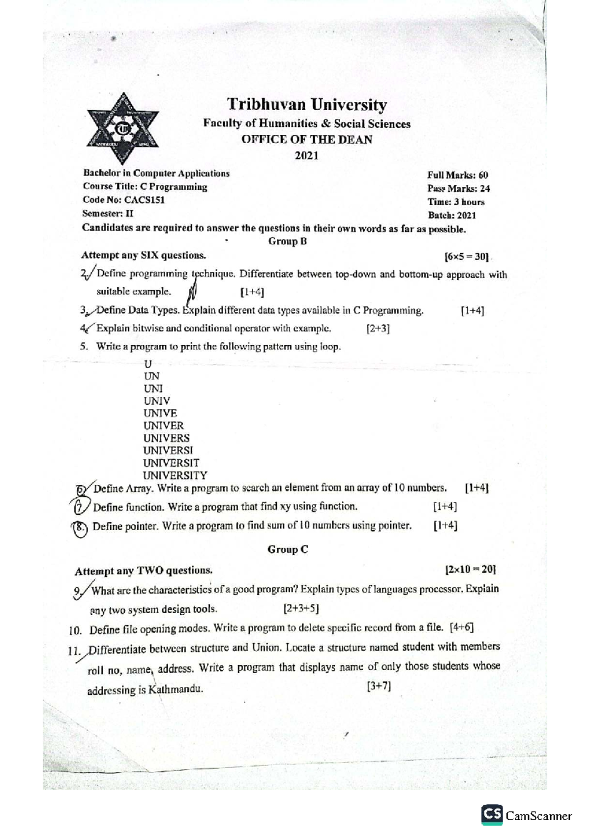 CACS151 2nd Sem C Programming 2021 Question Paper - Studocu
