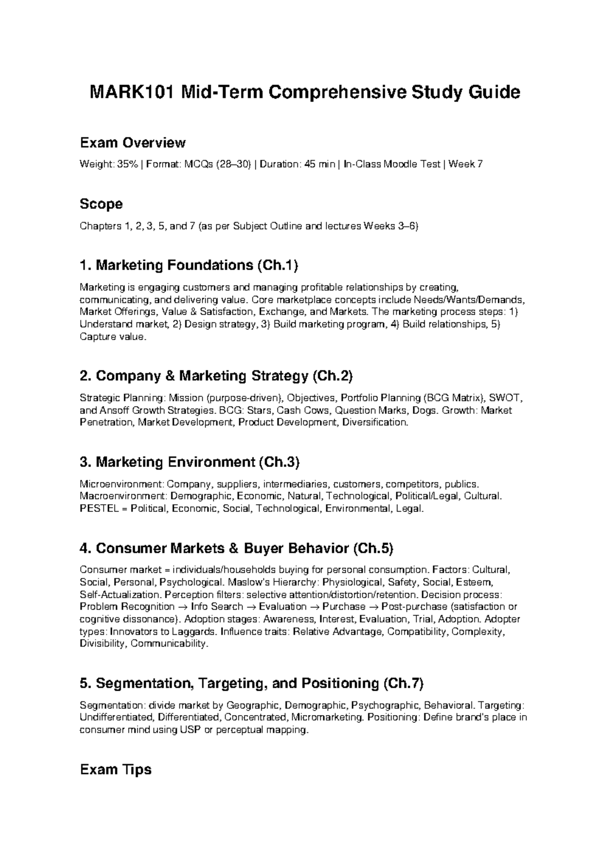 MARK101 Midterm Study Guide: Key Concepts & Exam Tips - Studocu