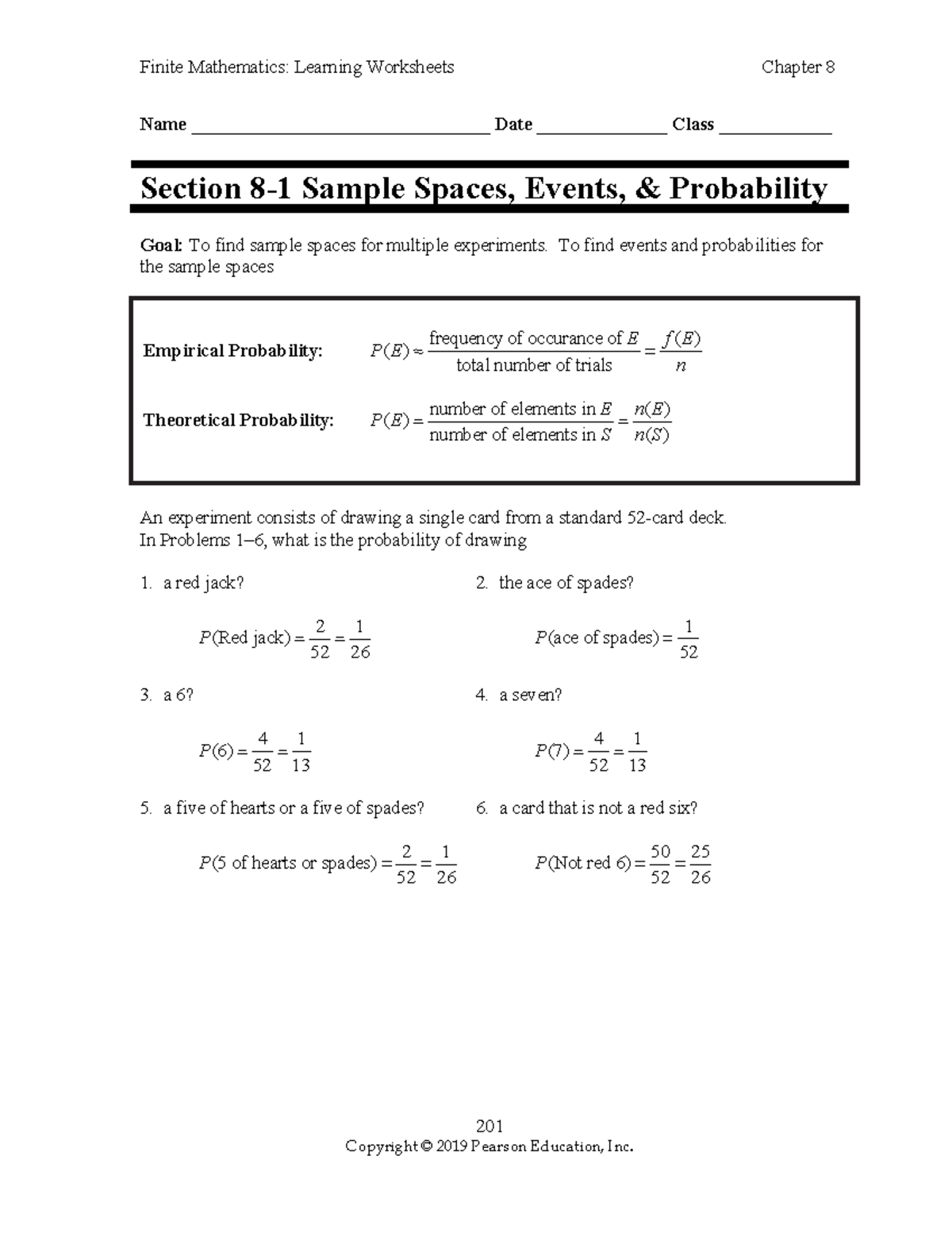 8 - Sample Spaces, Events, & Probability practice - Finite Mathematics: Learning Worksheets ...