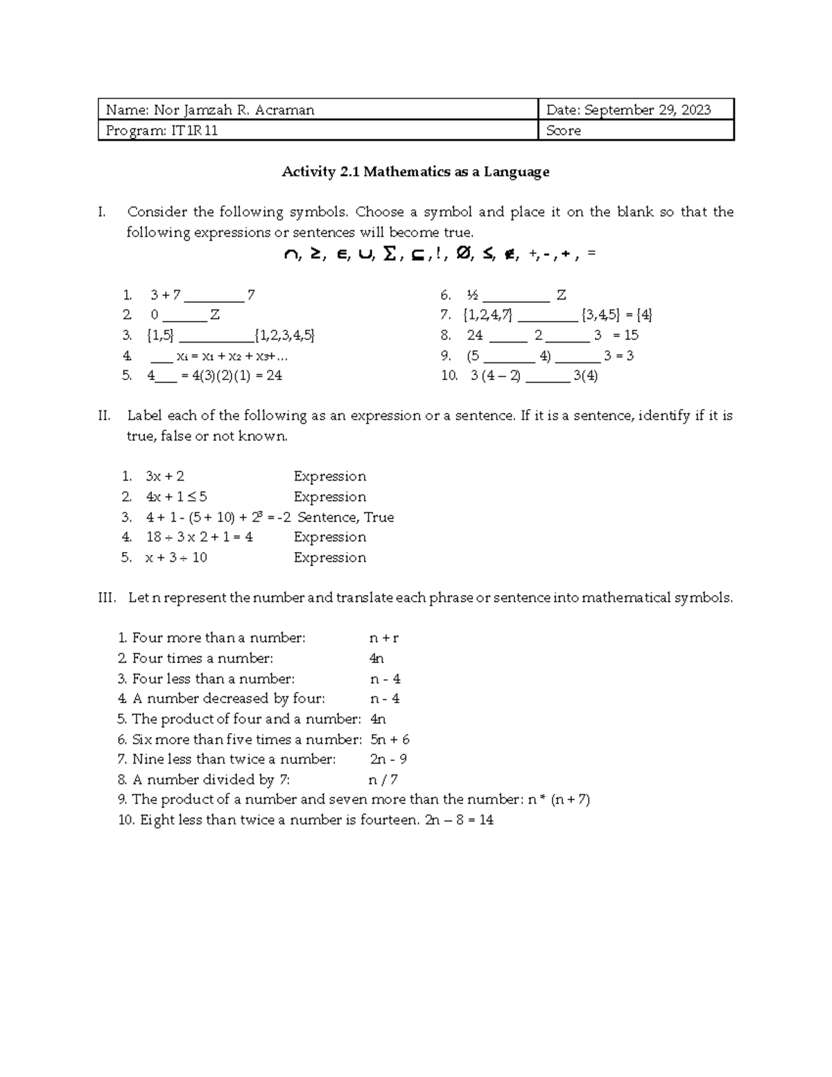 Acraman-MMW Activity 2 - Name: Nor Jamzah R. Acraman Date: September 29 ...
