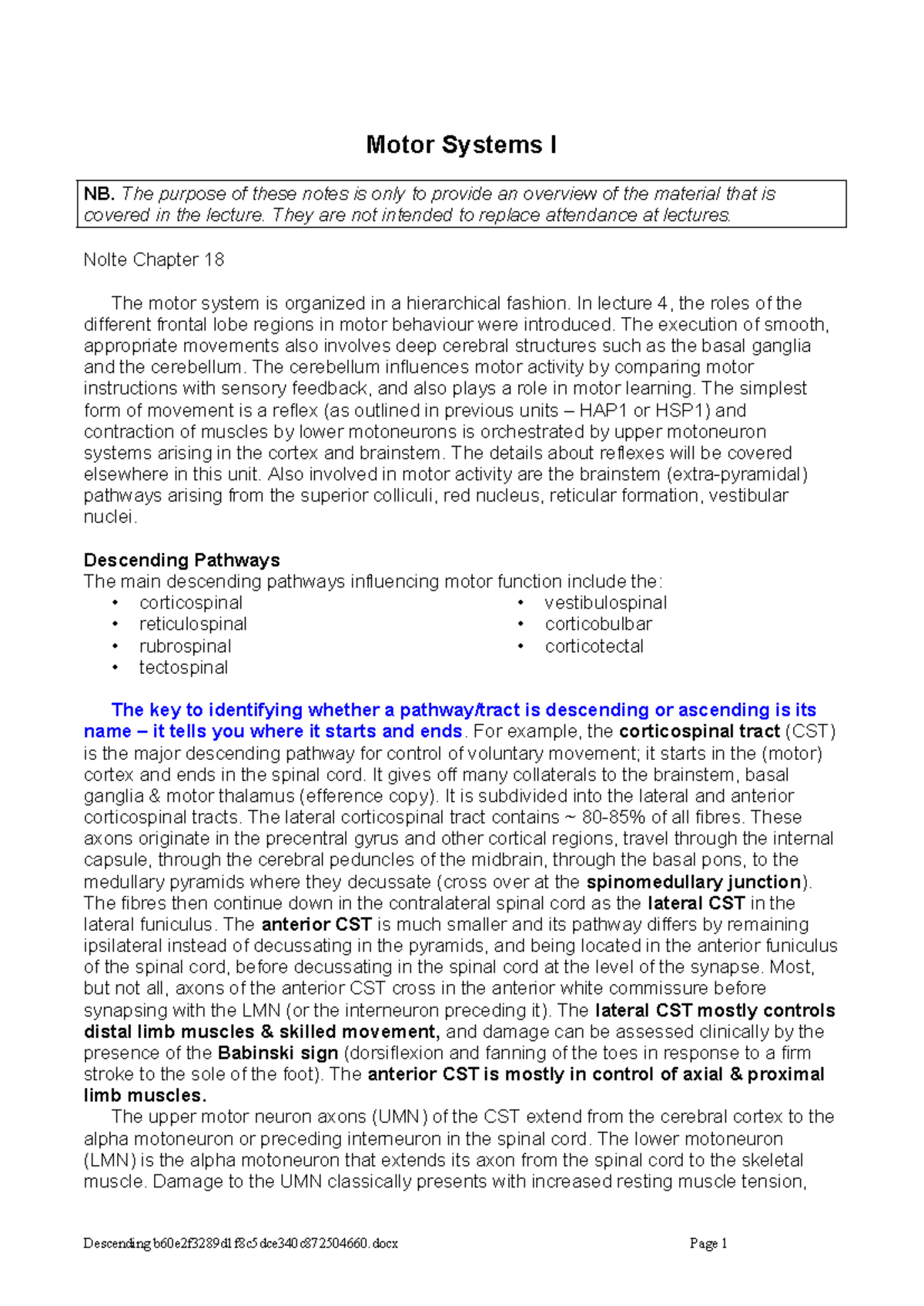 Motor Systems I NB: Overview of Descending Tracts in Neuroanatomy - Studocu