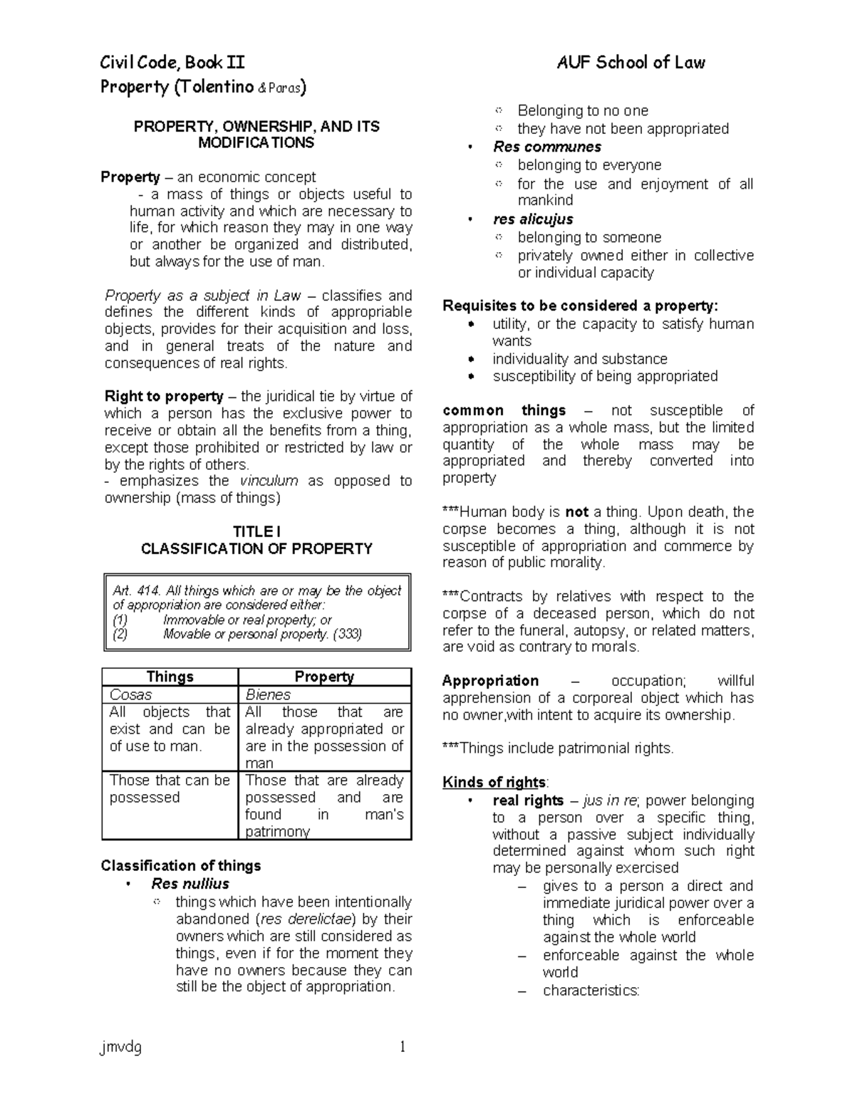 Property Law Notes - Tolentino & Paras Overview and Classifications ...