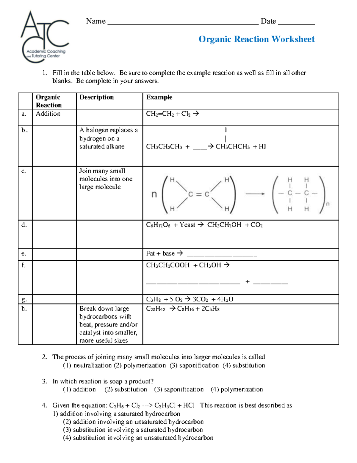 Organic Chem 101 - Worksheet on Organic Reaction Pathways - Studocu