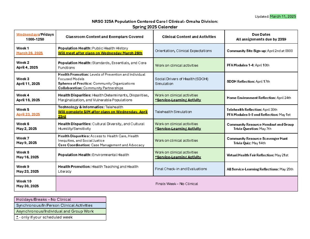 325A Populations Calendar SP 2025 - Updated: March 11 , 2025 NRSG 325A ...