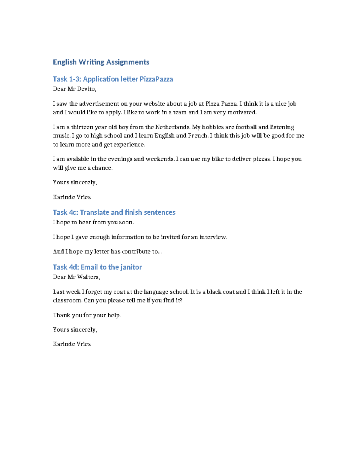 English Writing Assignments: Application Letter & Email Tasks - Studeersnel