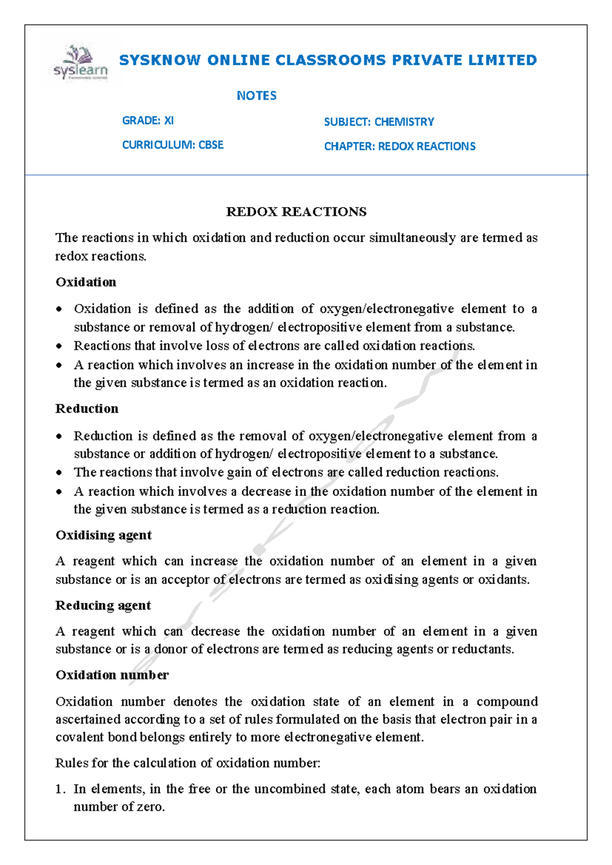 SYSKNOW XI CHEMISTRY NOTES: CHAPTER ON REDOX REACTIONS - Studocu