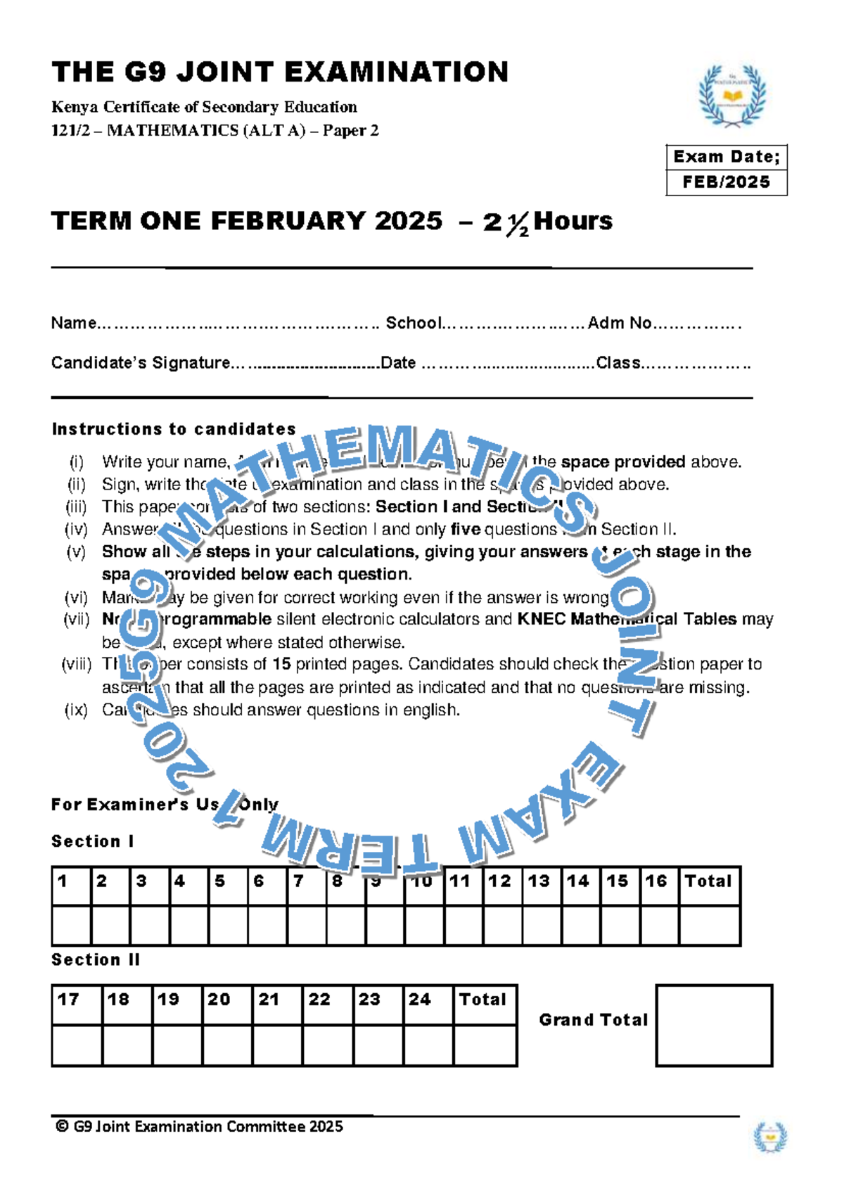 G9 joint examination mathematics (ALT A) paper 2 term one 2025 - Studocu