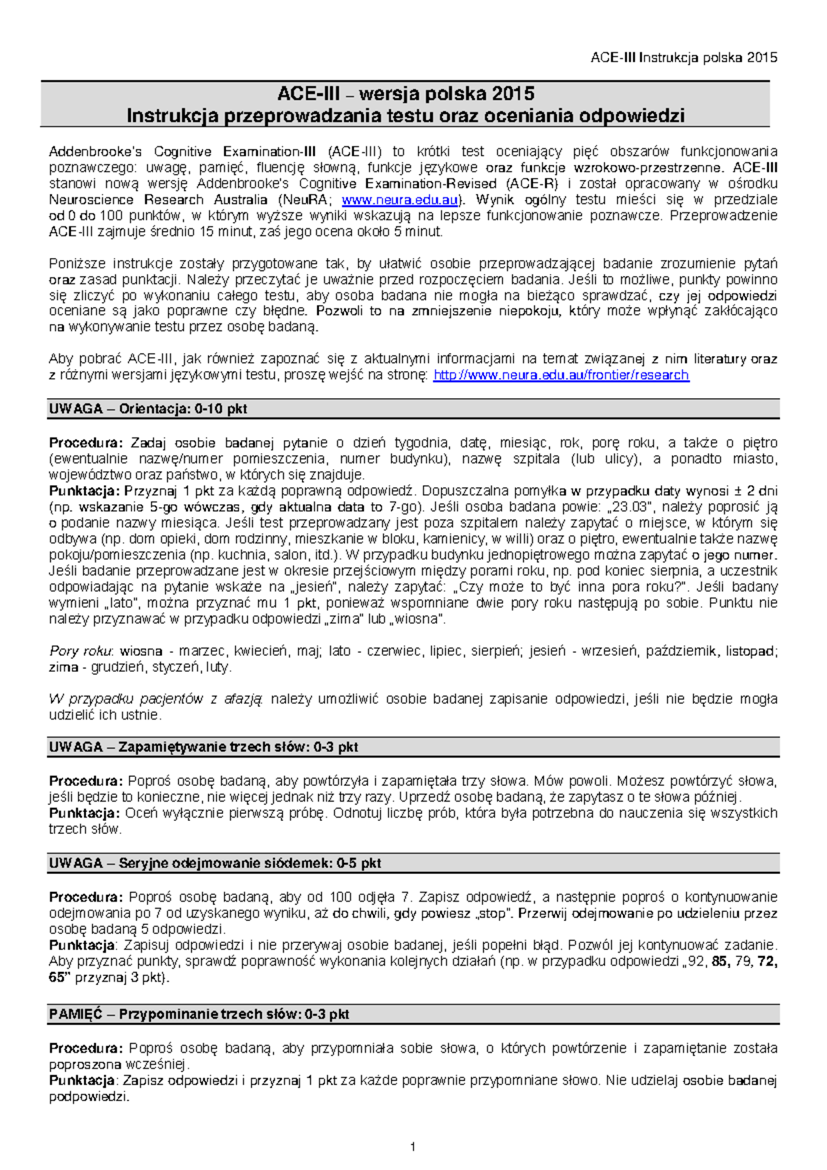 ACE-III Test Oceny Funkcjonowania Poznawczego - Instrukcja Wykonania ...