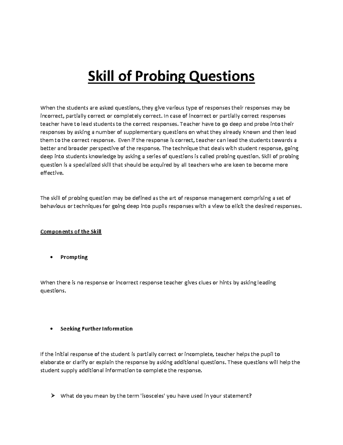 Skill of Probing Questions: Techniques for Effective Teaching - Studocu