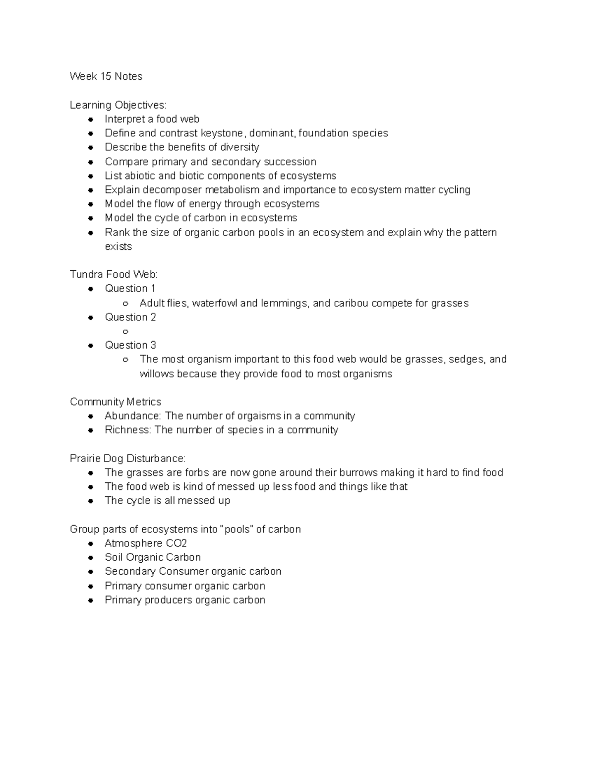 Week 15 Notes: Ecosystem Dynamics & Food Webs Analysis - Studocu