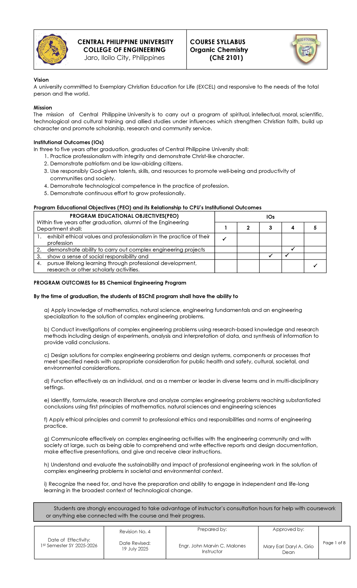 ChE 2101 Organic Chemistry Syllabus for 1st Semester 2025-2026 - Studocu