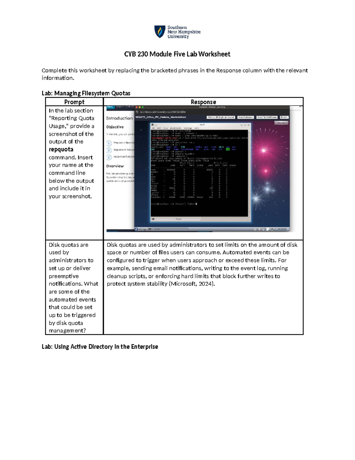 CYB 230 Module 5 Lab Worksheet: Filesystem Quotas & Active Directory - Studocu