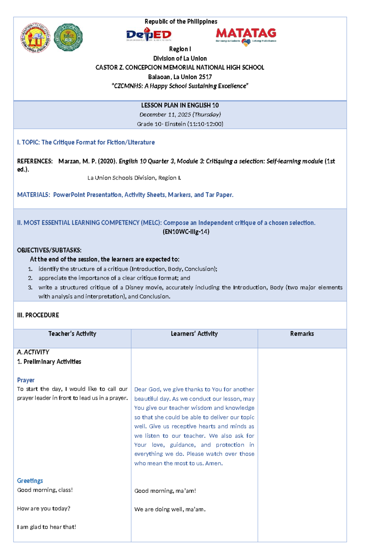 EN10 Lesson Plan: Critique Format for Fiction (Dec 11, 2025) - Studocu