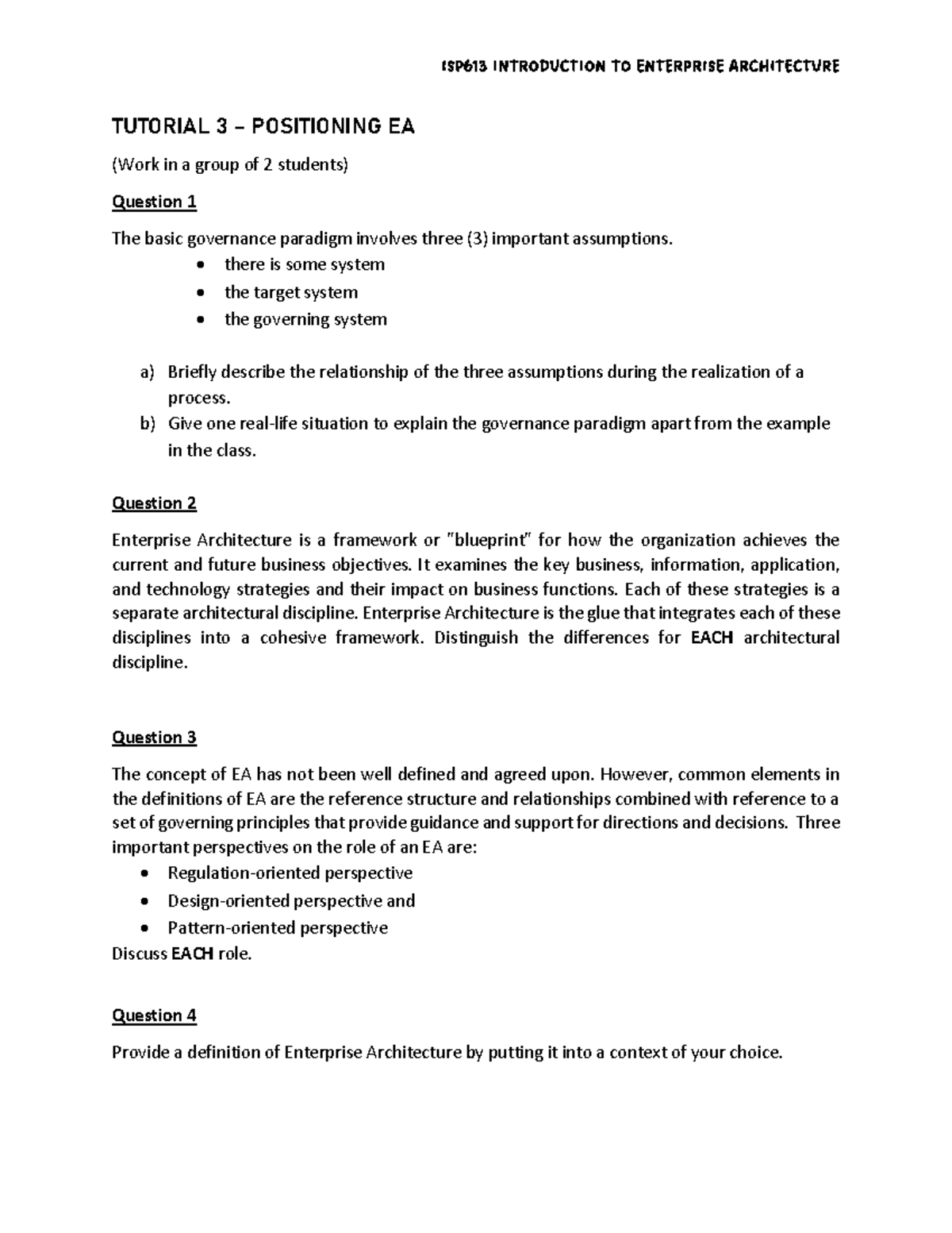 ISP613 Tutorial 3: Positioning Enterprise Architecture Insights - Studocu