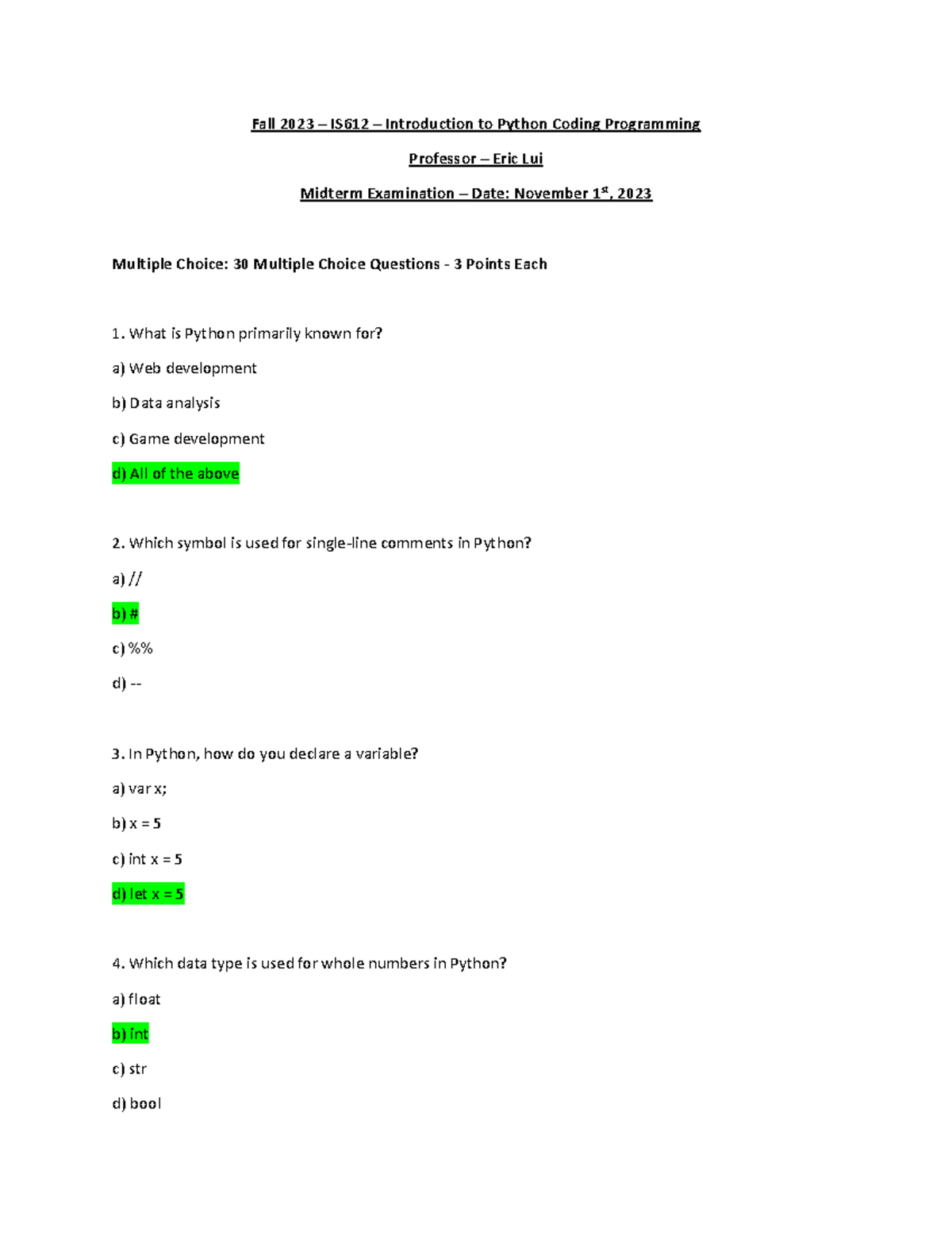 Python IS612 Fall 2023 - Midterm Exam Review and Practice Questions - Studocu