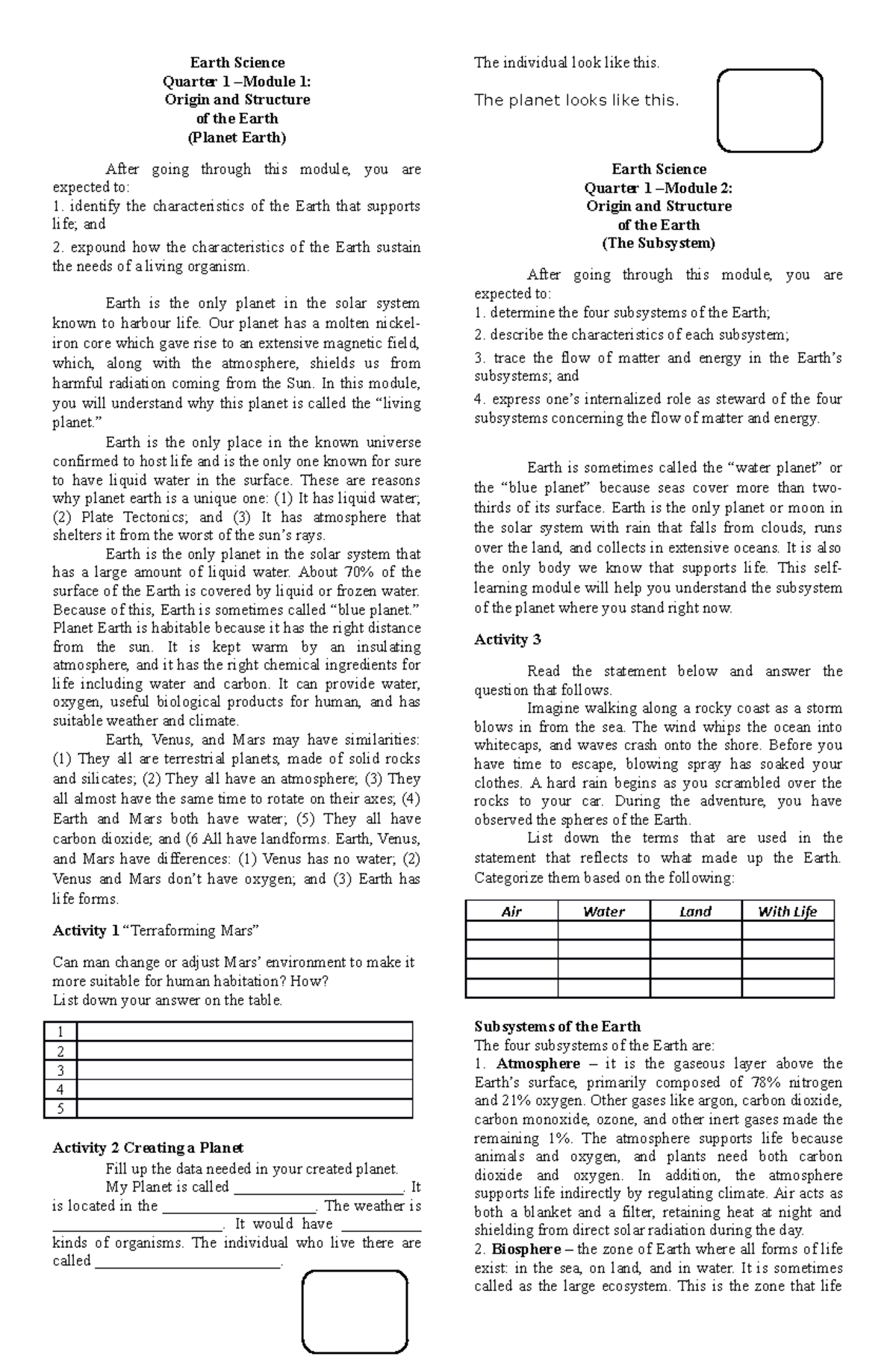 Earth Science Week 1 Module - Earth Science Quarter 1 –Module 1: Origin and Structure of the ...