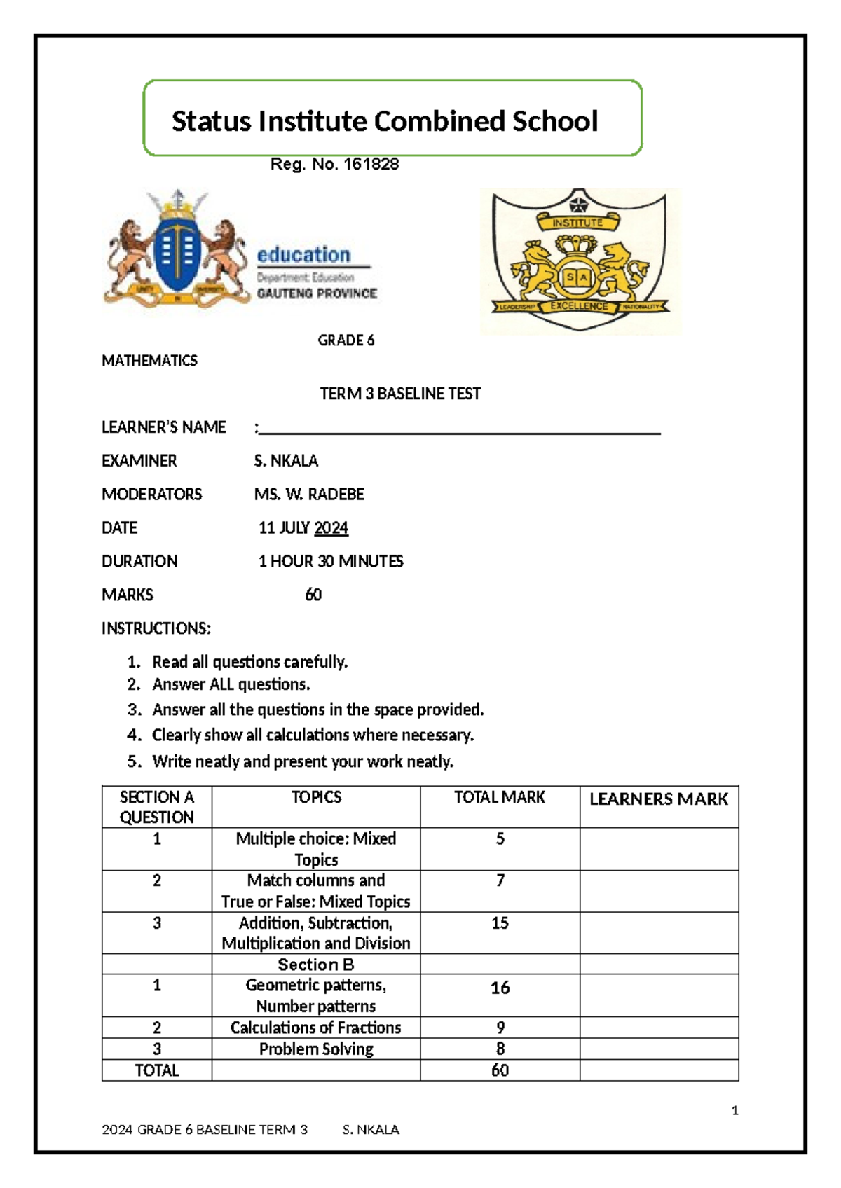 Grade 6 Mathematics Term 3 Baseline Test 2024 - Studocu