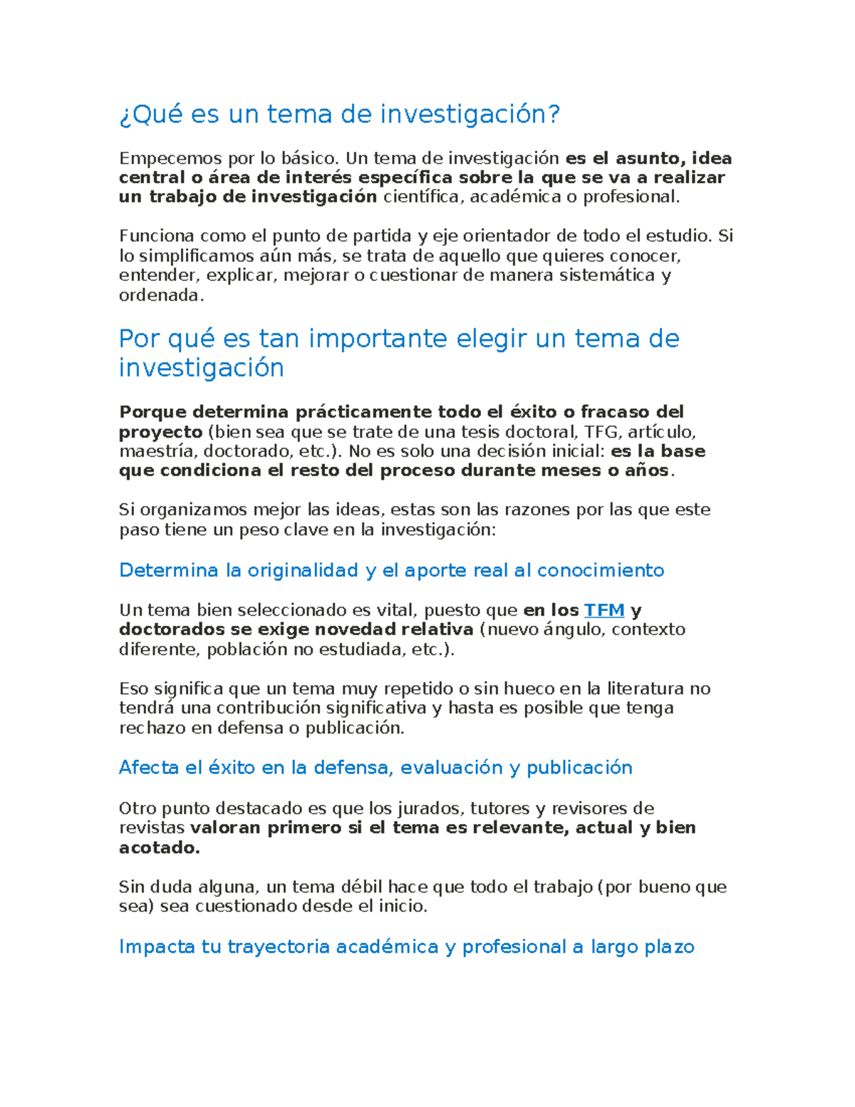 TFG: Importancia de Elegir un Buen Tema de Investigación - Studocu